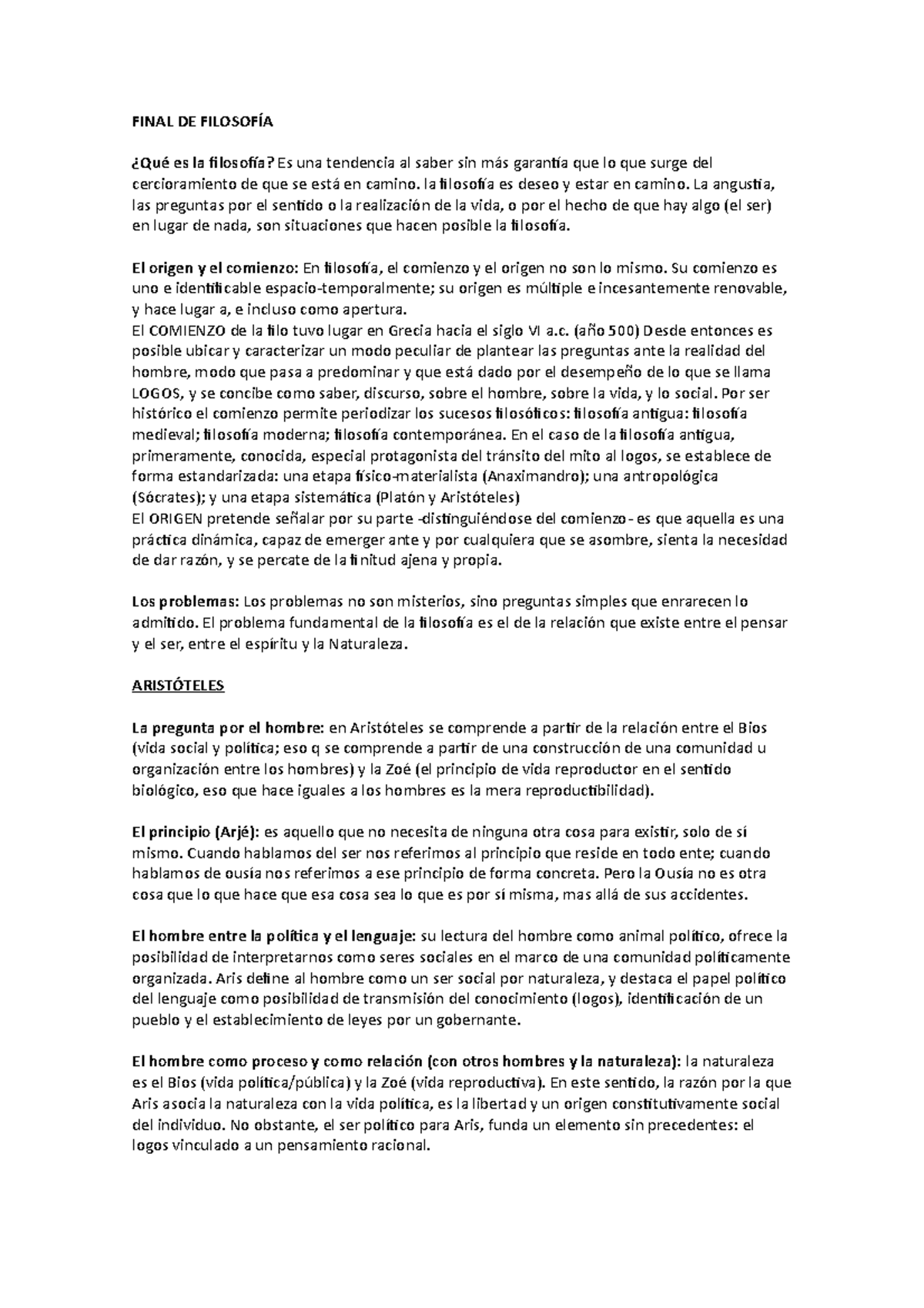Final DE FILO - FINAL DE FILOSOFÍA ¿Qué es la filosofía? Es una ...