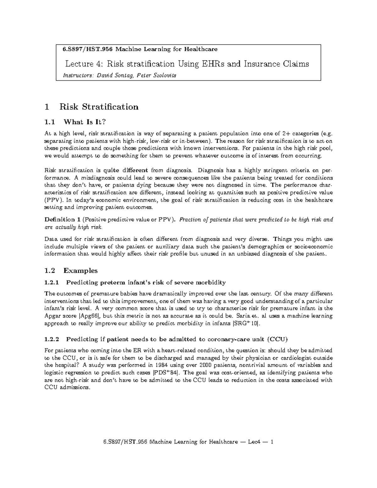 Lecture 4- Risk stratification Using EHRs and Insurance Claims - 6.S897 ...