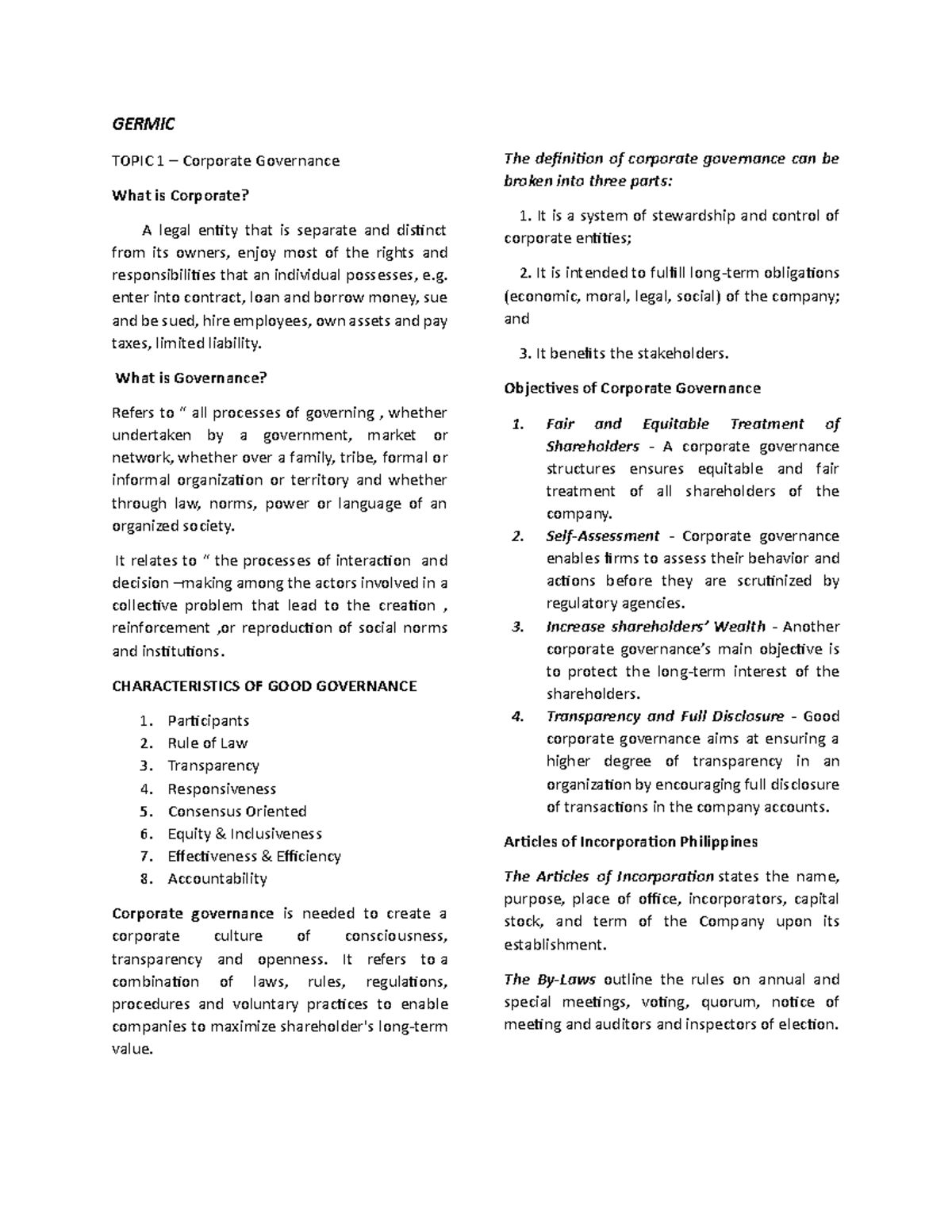Governance Ethics - GERMIC TOPIC 1 – Corporate Governance What is ...