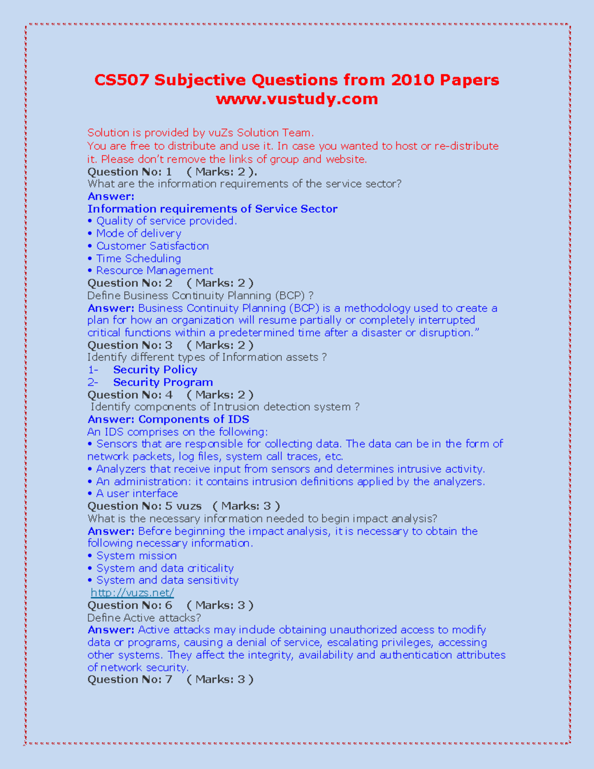 CS507 Final Term Subjective - CS507 Subjective Questions from 2010 Papers vustudy Solution is ...