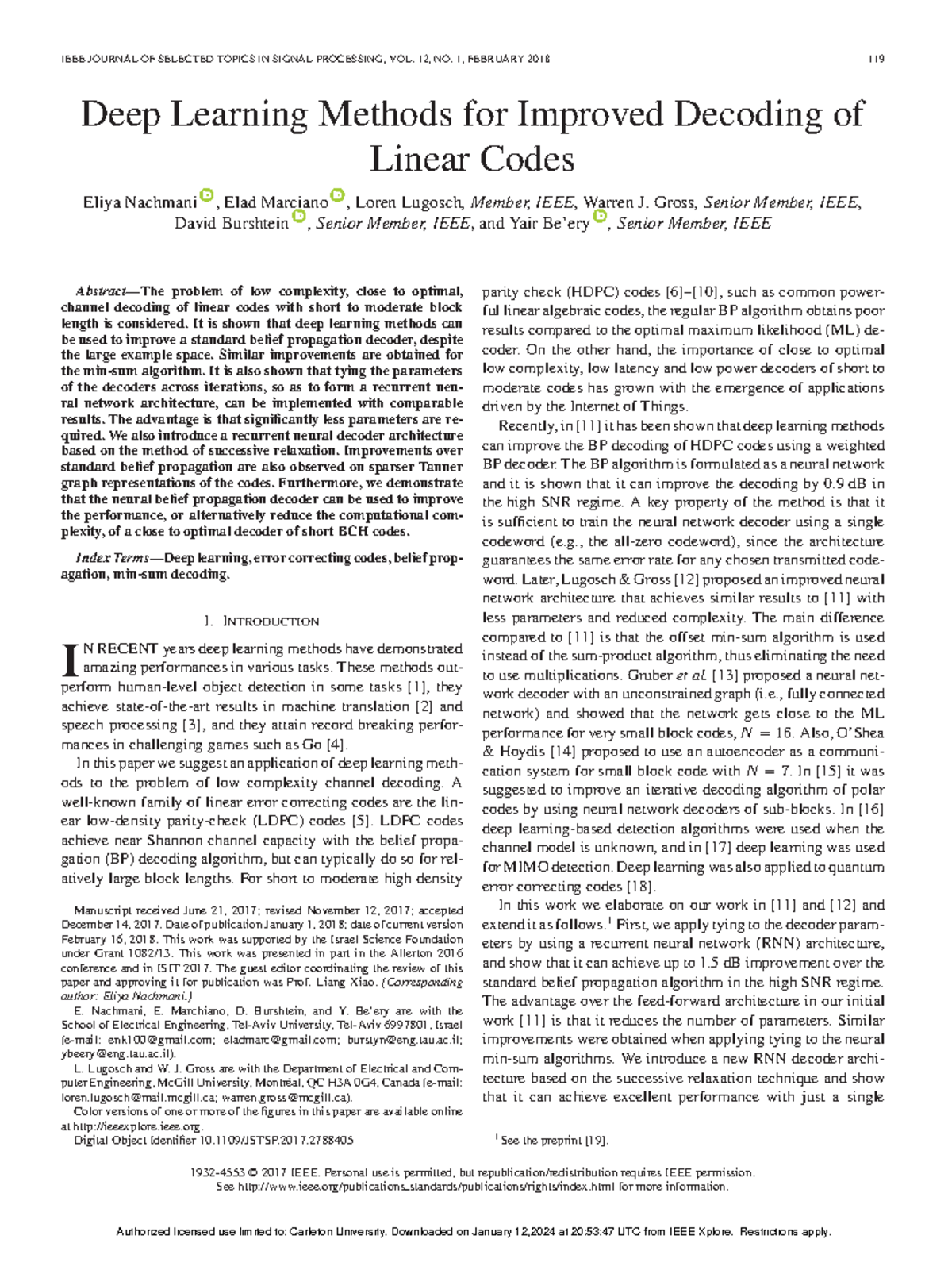 Deep Learning Methods For Improved Decoding Of Linear Codes Ieee