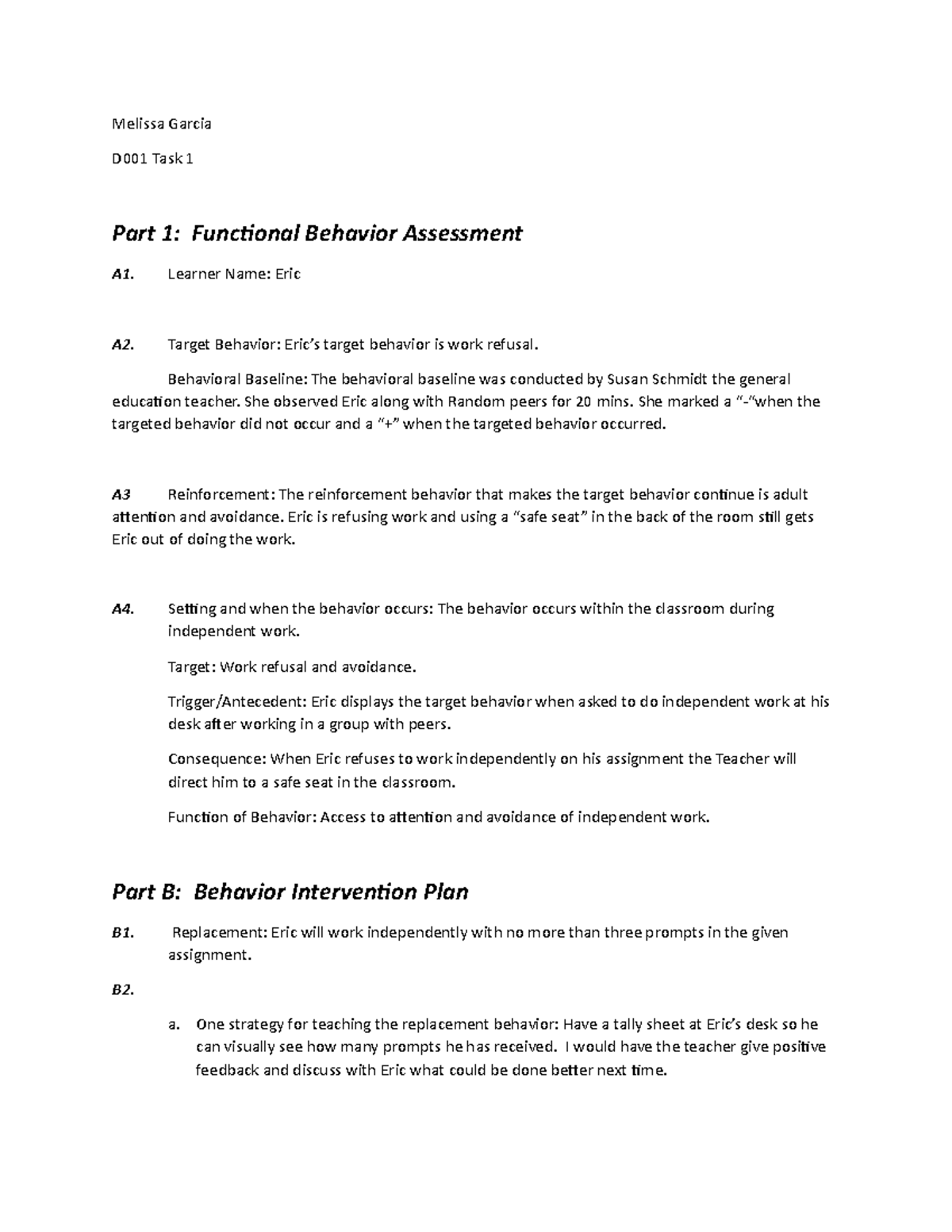 D01 Task 1 FBA and BIP - Task - Melissa Garcia D001 Task 1 Part 1 ...