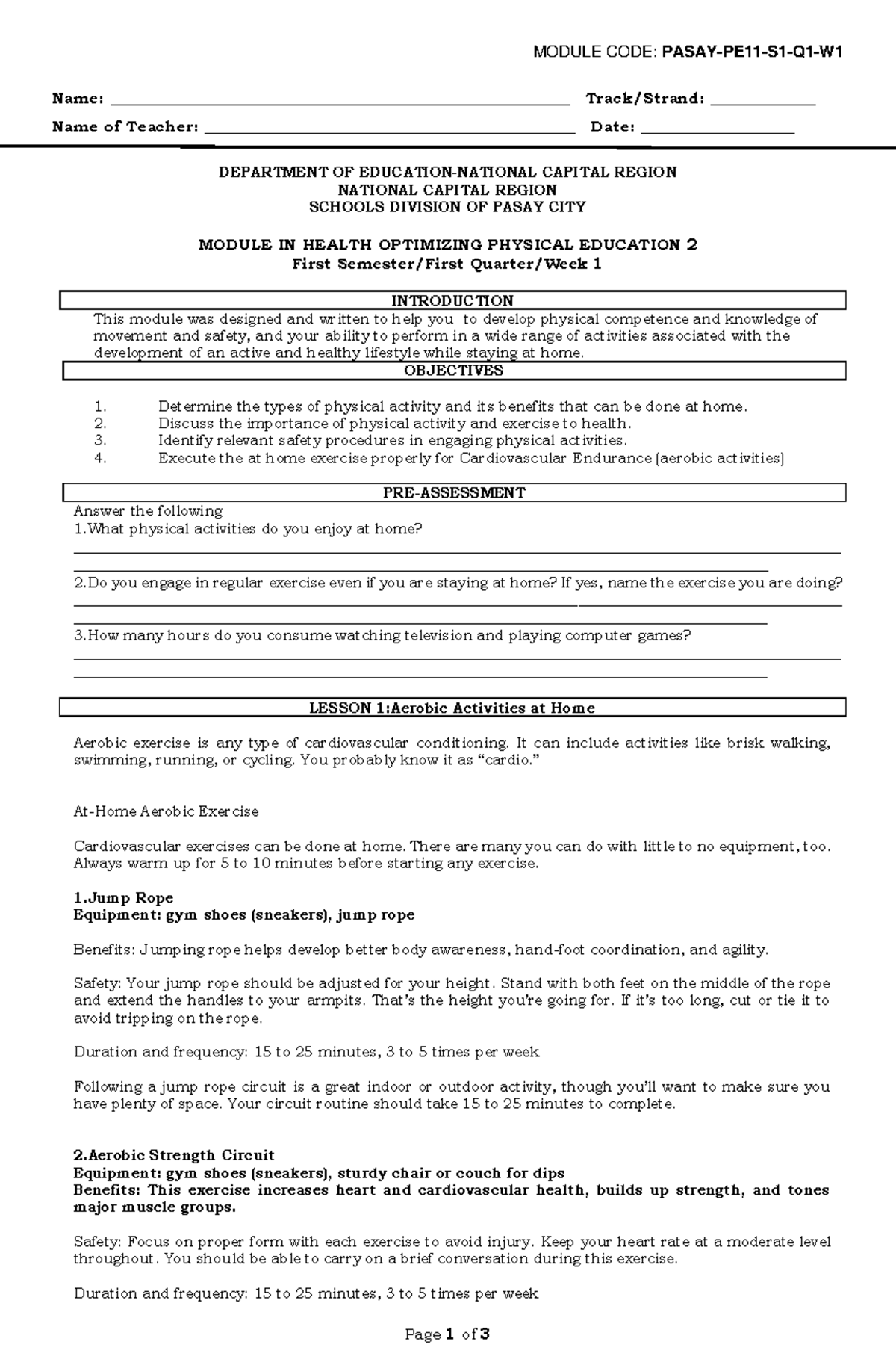 5 Pasay PE11 S1 Q1 W1 - dont me - MODULE CODE: PASAY-PE11-S1-Q1-W Name ...
