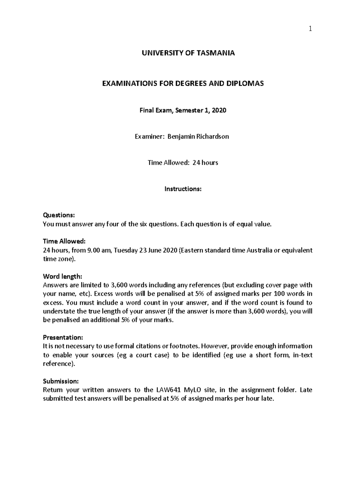 Past exam - 2020 final - past exam papers - 1 UNIVERSITY OF TASMANIA ...
