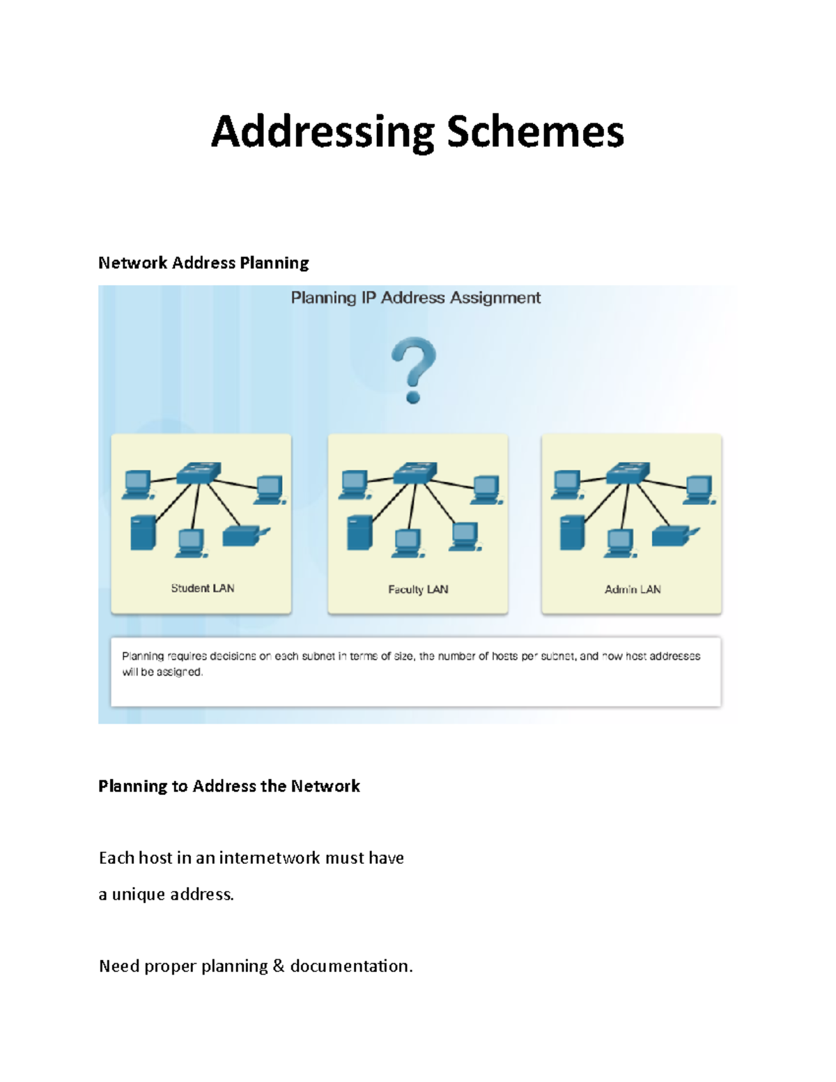 Addressing Schemes - Addressing Schemes Network Address Planning Planning to Address the Network ...