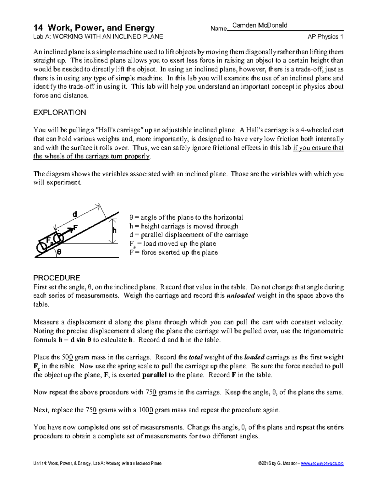 14 Lab A Working with an Inclined Plane - 14 Work, Power, and Energy ...