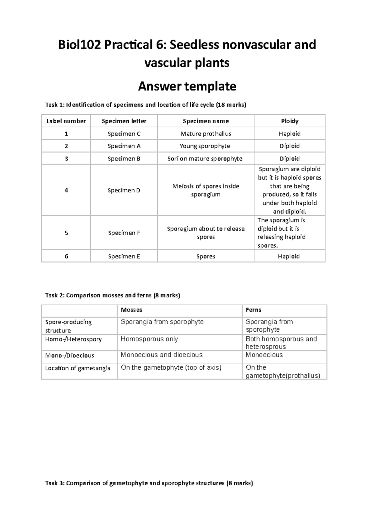 Answer sheet prac 6 - Biol102 Practical 6: Seedless nonvascular and vascular plants Answer ...