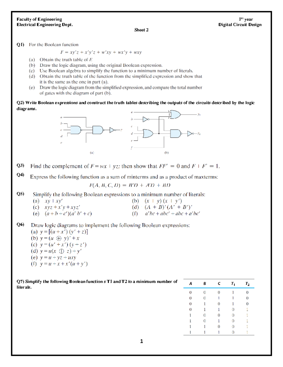Sheet 2 - Digital Circuit Design - Faculty of Engineering 1 st year Electrical Engineering Dept ...