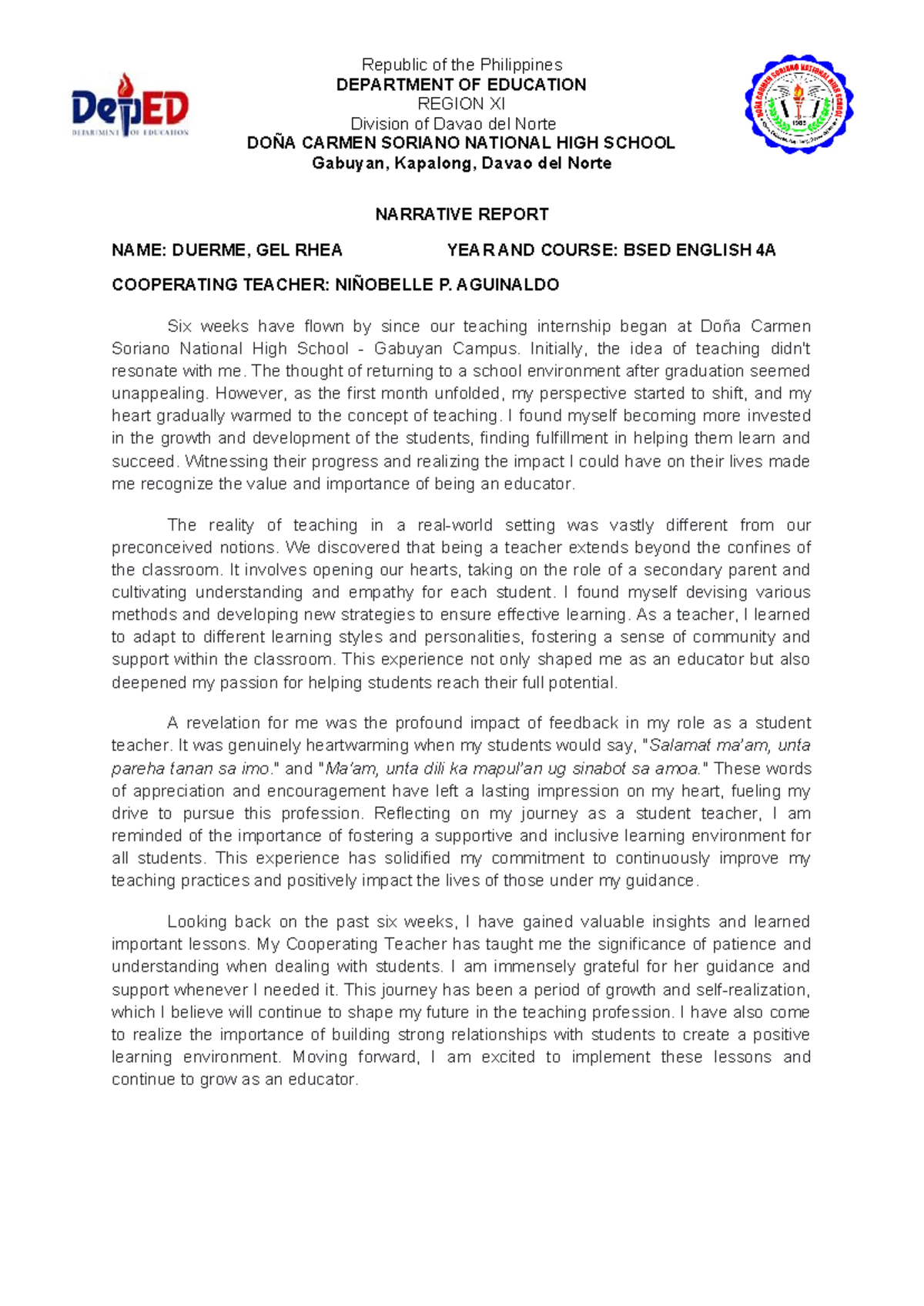 Narrative- Report - Republic of the Philippines DEPARTMENT OF EDUCATION ...