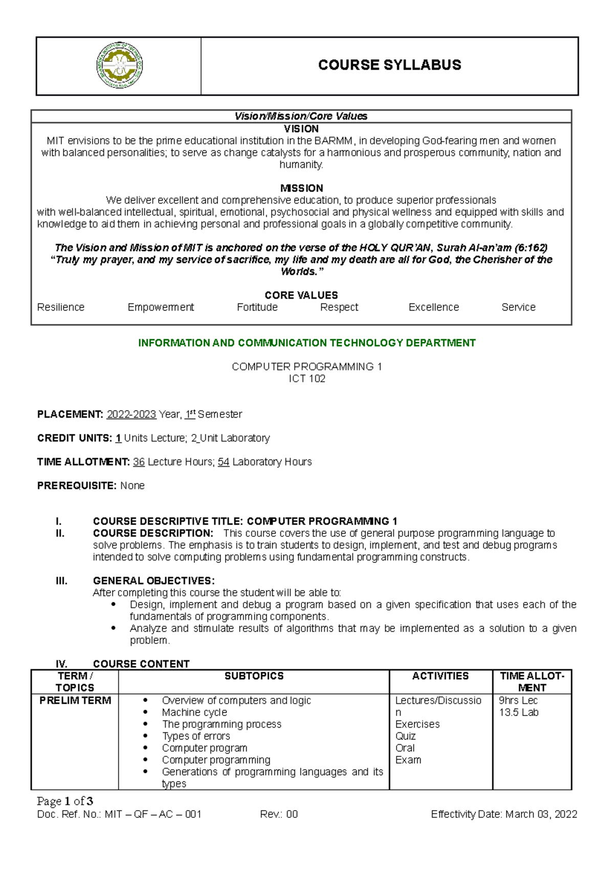 Computer rpogrammming. Course Syllabus - COURSE SYLLABUS Vision/Mission ...
