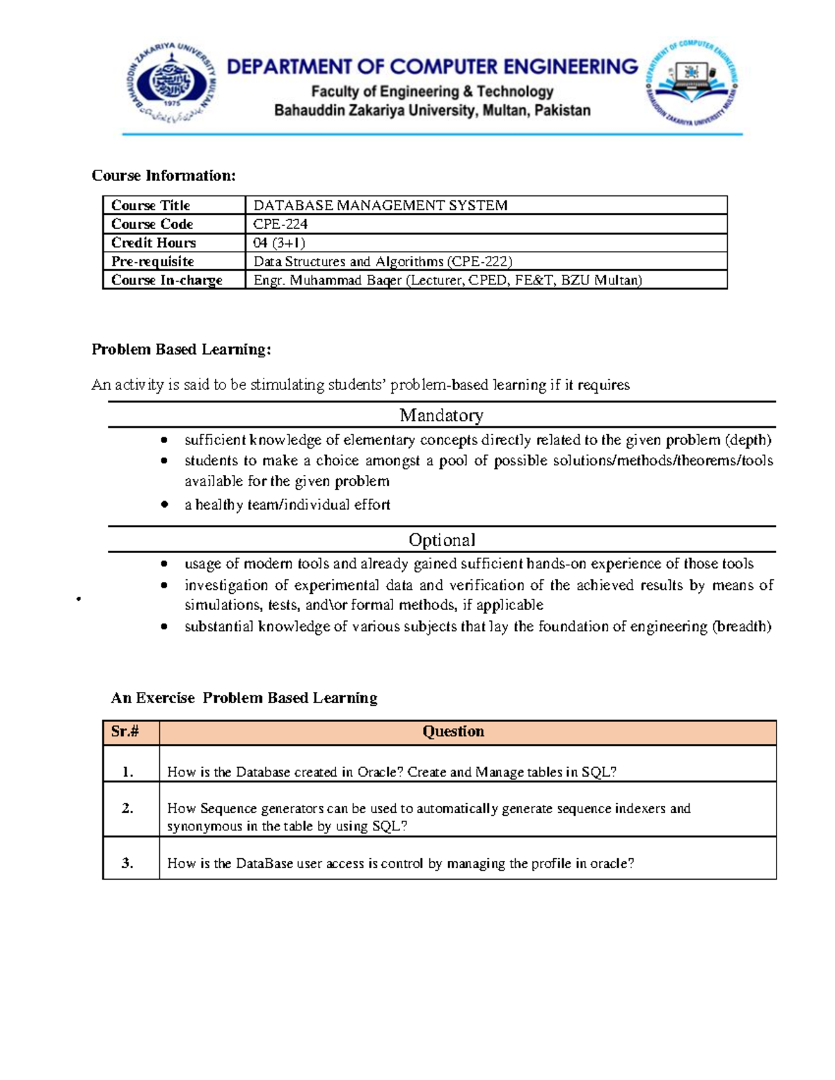 Pbl of Dbms - this is regarding database system - Course Information: Problem Based Learning: An ...