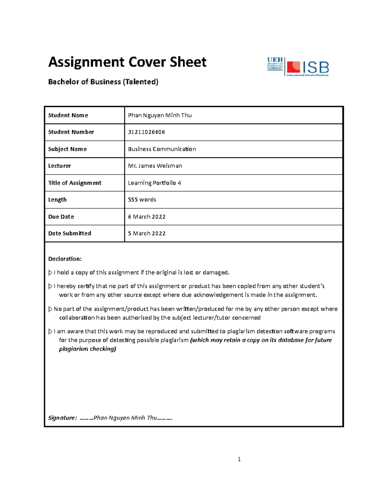 LP4-Business Communication - Assignment Cover Sheet Bachelor of ...