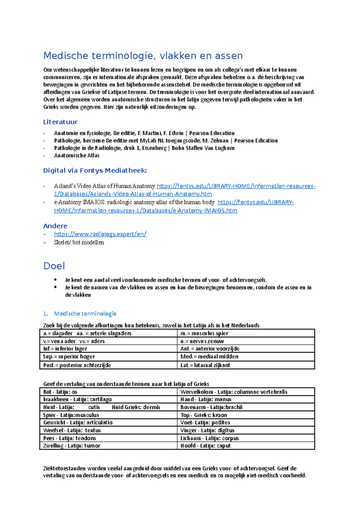 Medishe afkortingen en termen - Medische terminologie, vlakken en assen ...