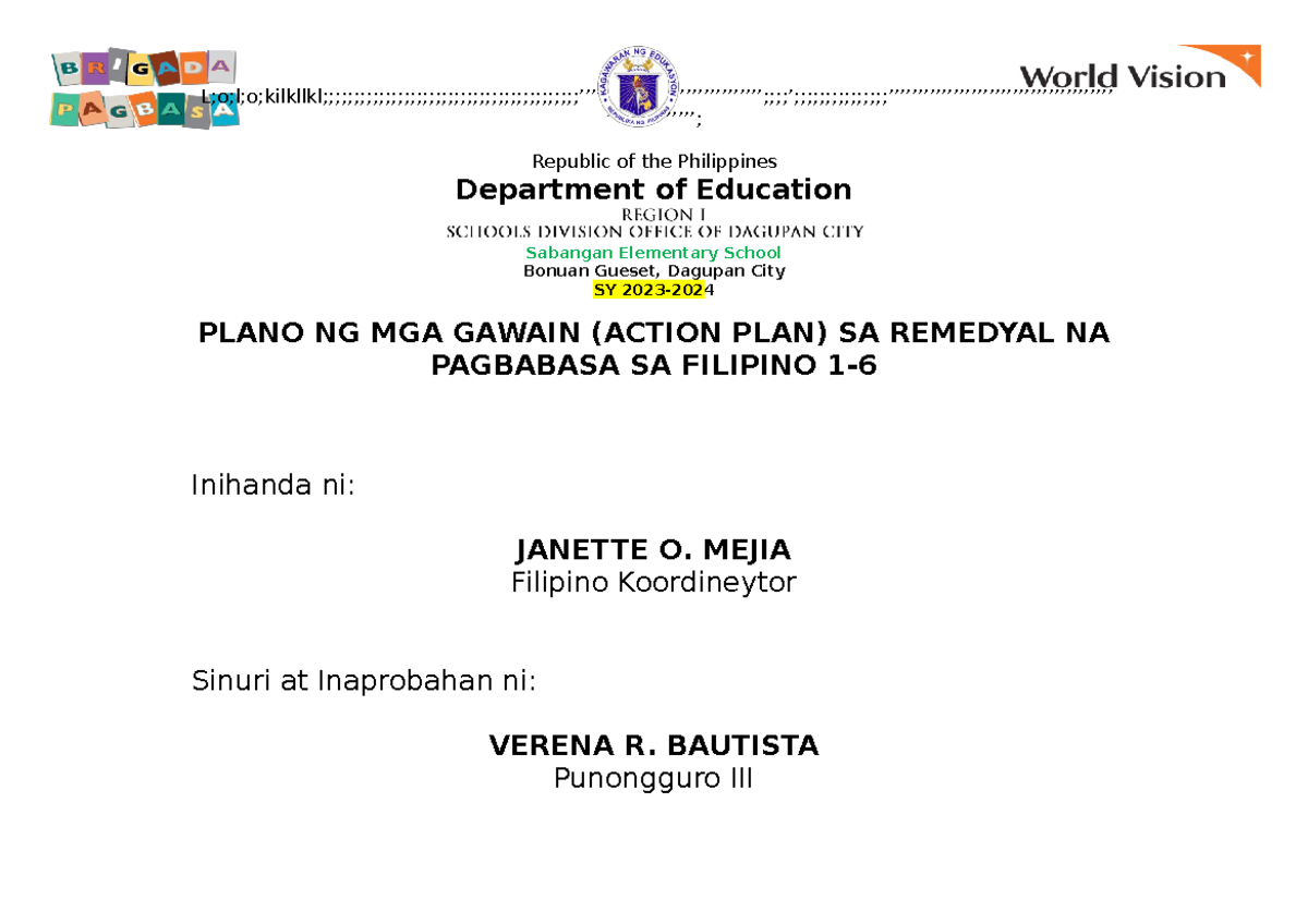 Action PLAN IN Filipino SY 2023-2024 - - Studocu