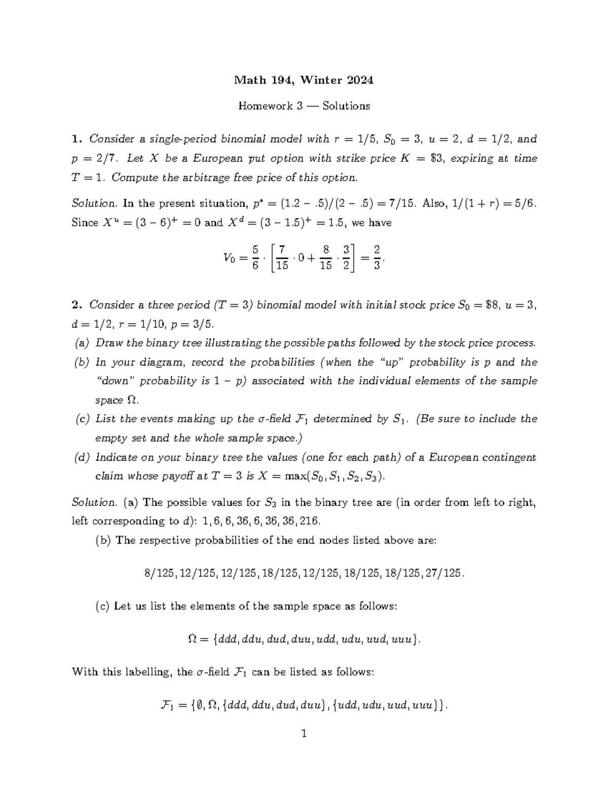 Hw3sol - HW sols - Math 194, Winter 2024 Homework 3 — Solutions Consider a single-period ...