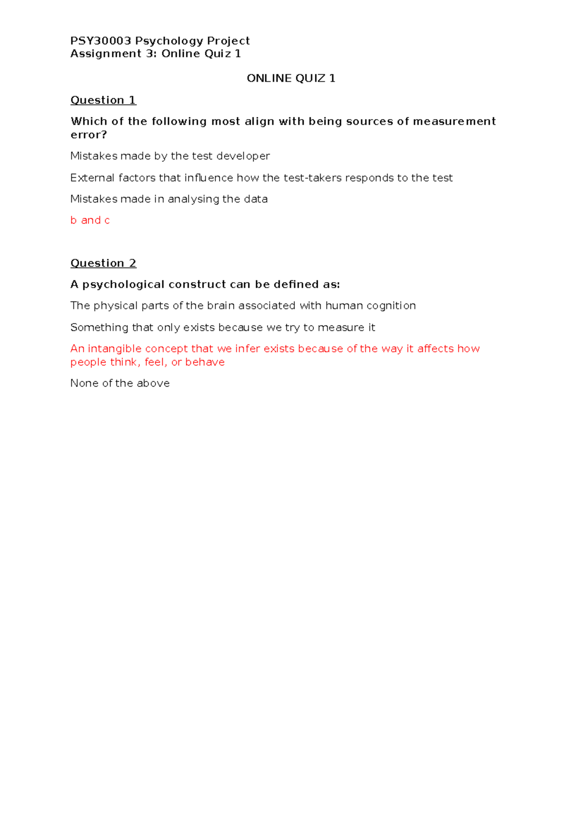 Online QUIZ 1 psy30003 - PSY30003 Psychology Project Assignment 3: Online Quiz 1 ONLINE QUIZ 1 ...