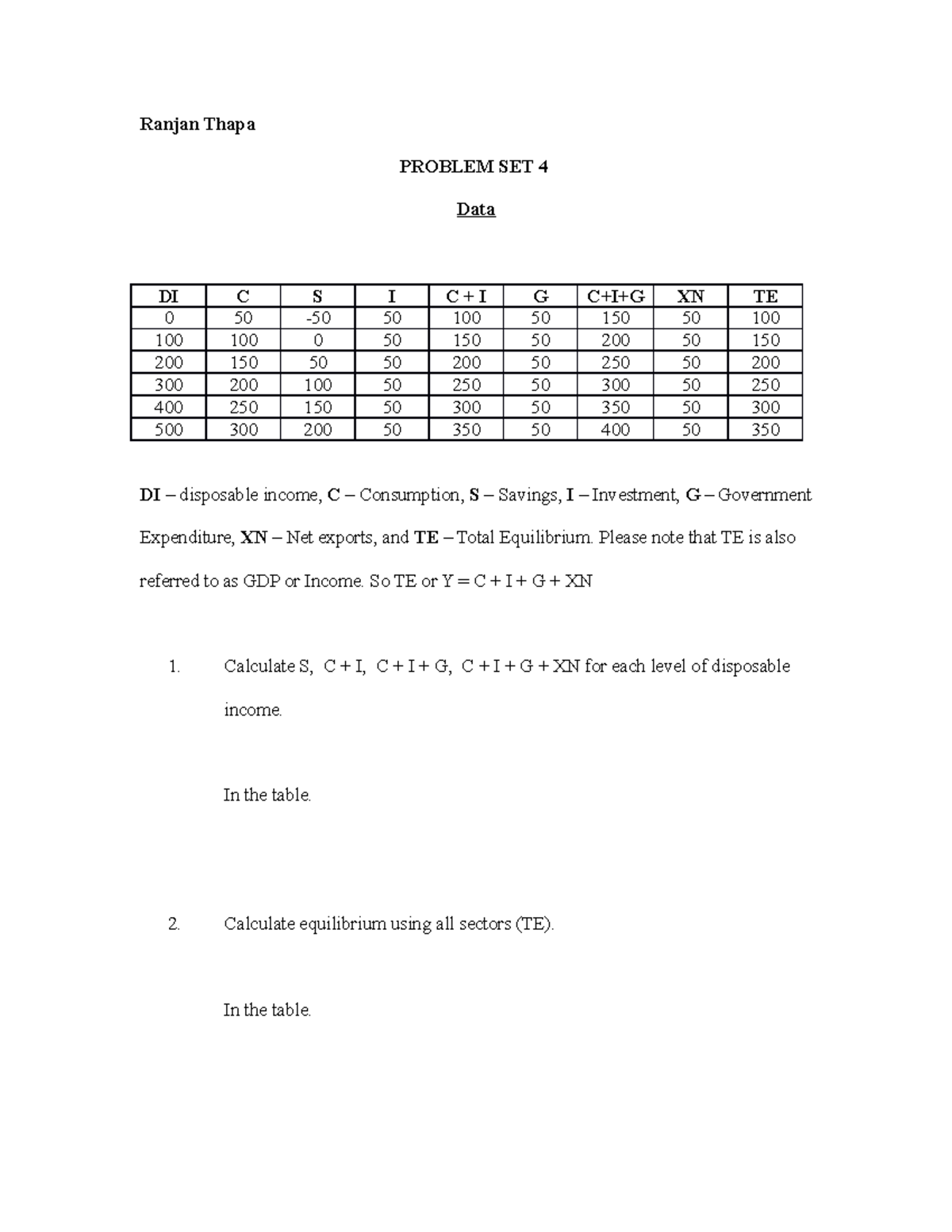 Econ problem 4 - Ranjan Thapa PROBLEM SET 4 Data DI C S I C + I G C+I+G ...
