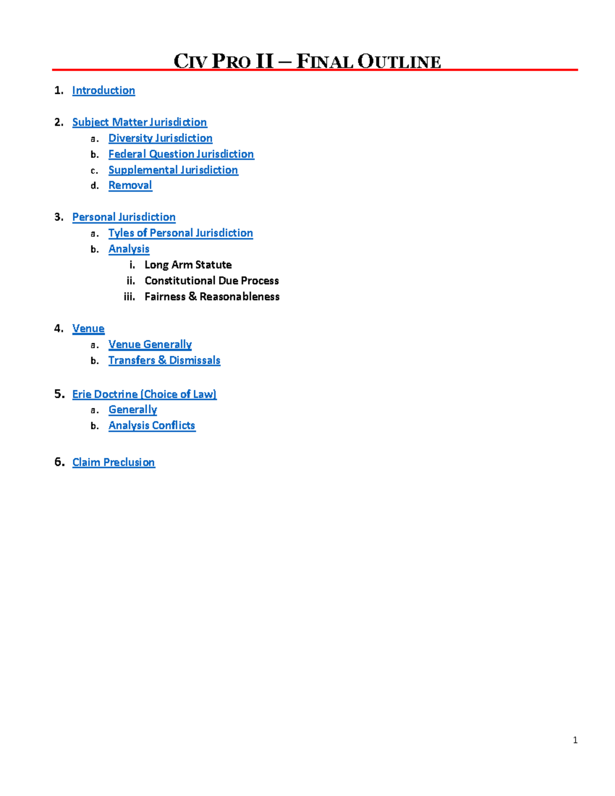 Civ Pro Outline - CIV PRO II – FINAL OUTLINE 1. Introduction 2. Subject ...