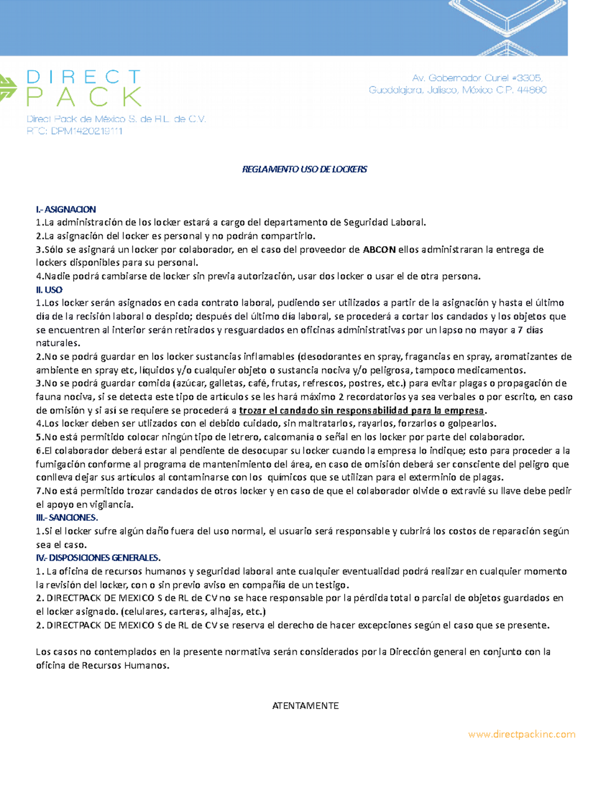 Reglamento USO DE Lockers DPM - REGLAMENTO USO DE LOCKERS I ...