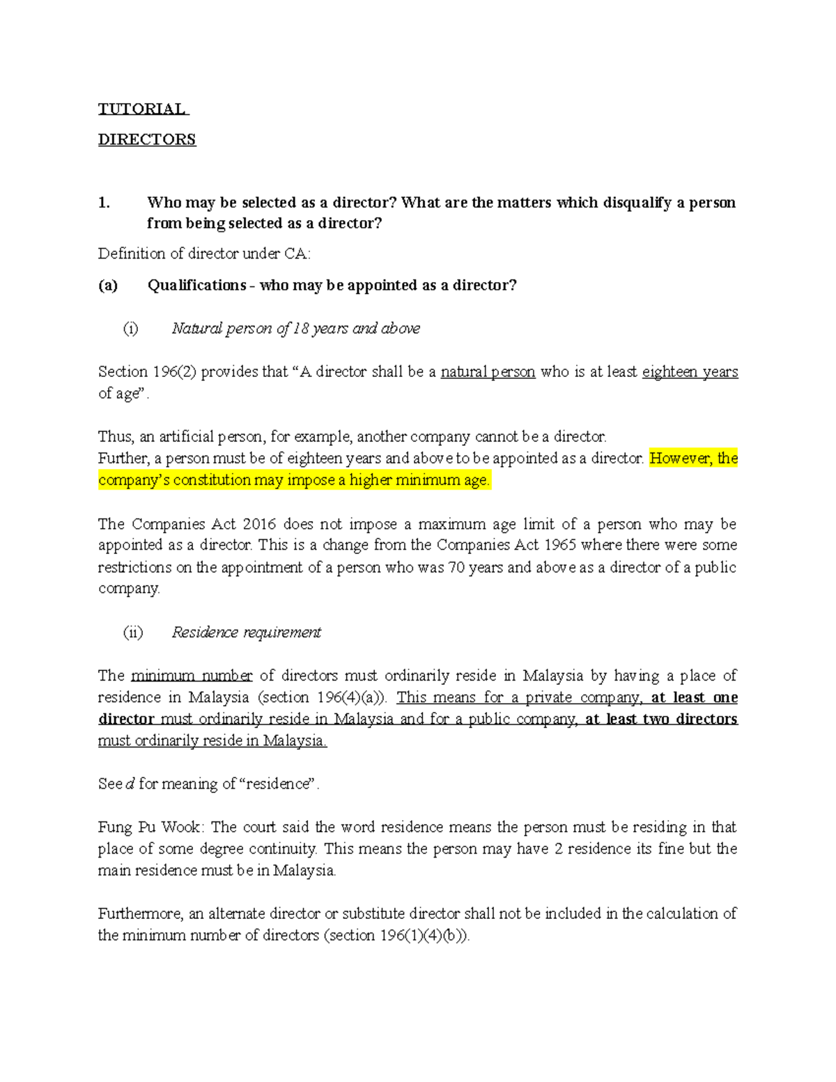 Tutorial 5 Directors - TUTORIAL DIRECTORS Who may be selected as a ...