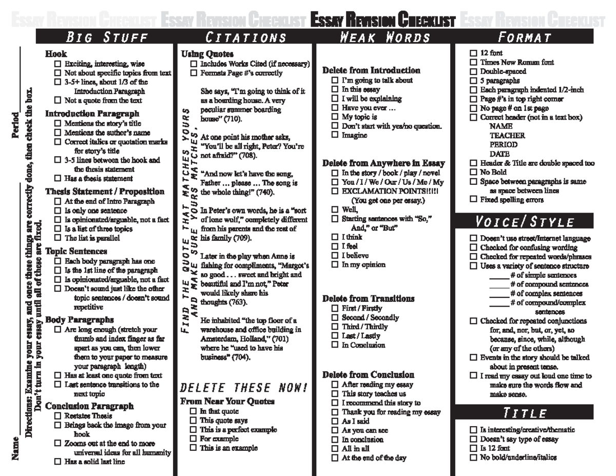 Essay Writing Revision Checklist Rubric Argumentative Summative Thesis ...