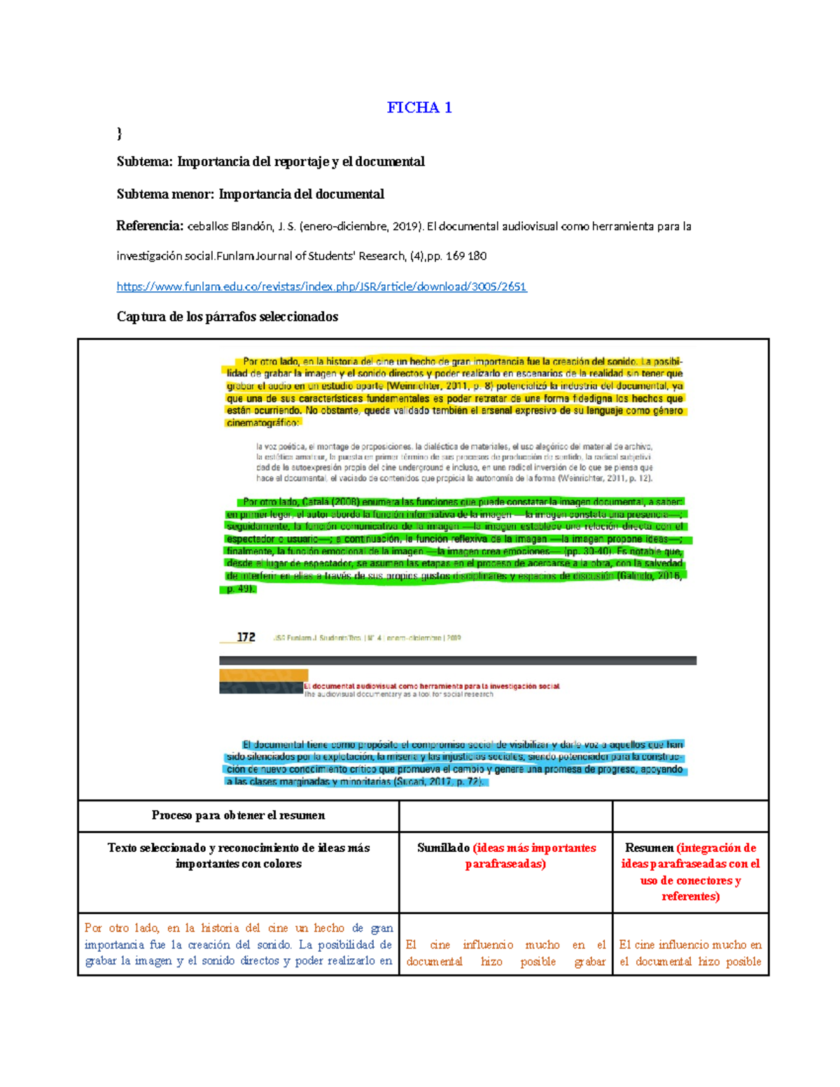 Ficha Textual 1 - FICHA 1 } Subtema: Importancia del reportaje y el documental Subtema menor ...