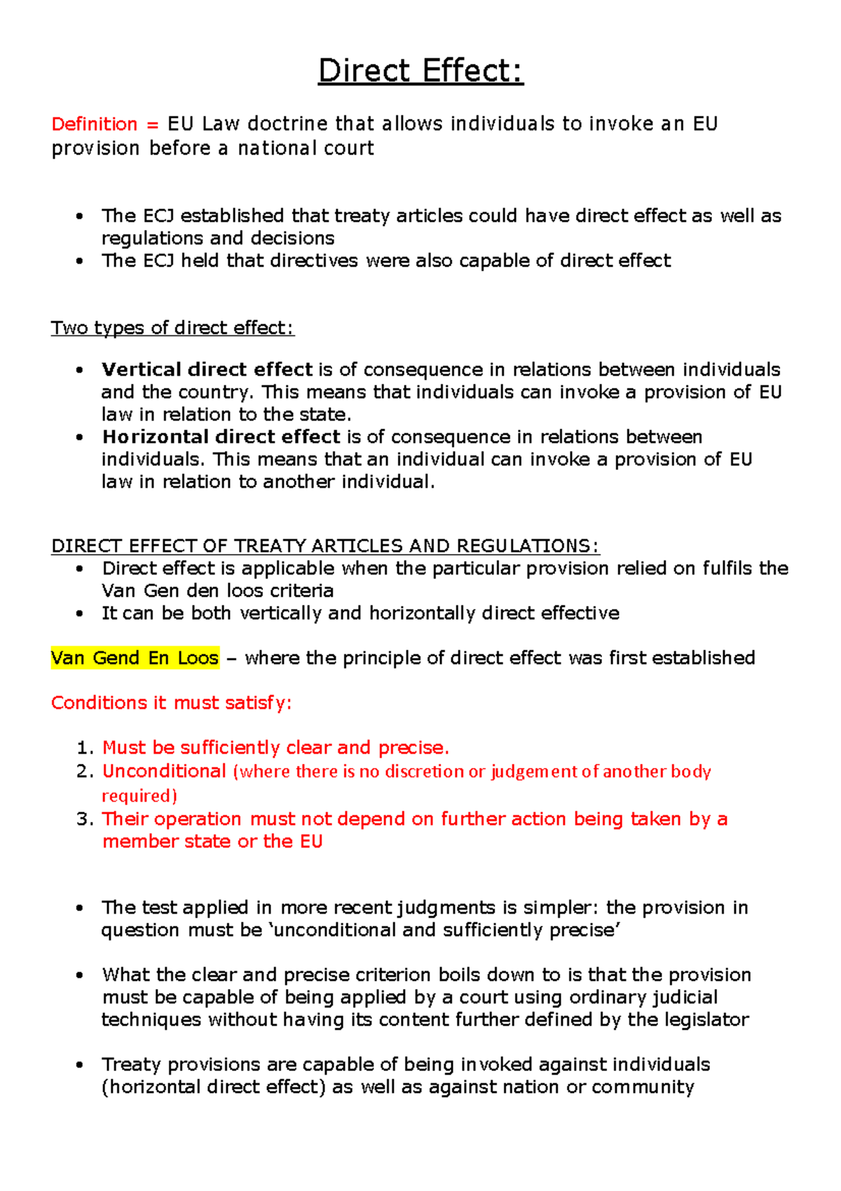 Direct Effect - Direct Effect: Definition = EU Law doctrine that allows ...