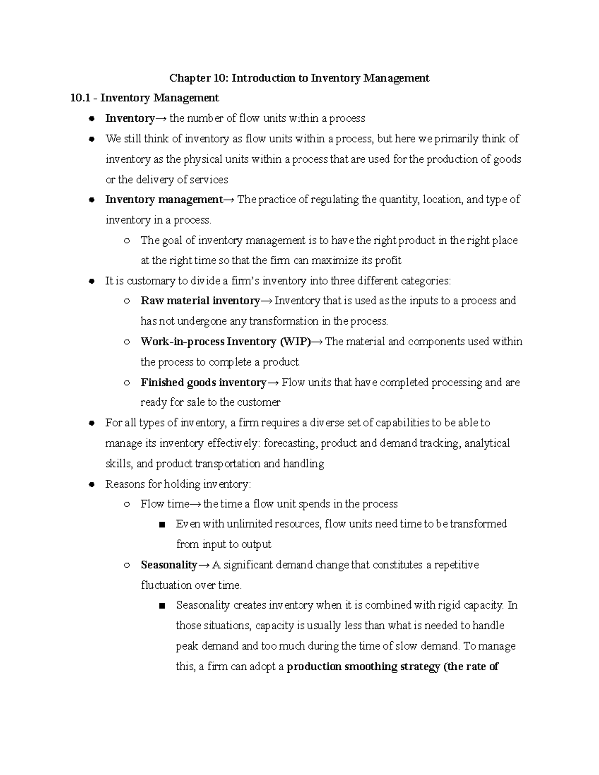 SCMG 322 Chapter 10 Notes - Chapter 10: Introduction to Inventory ...