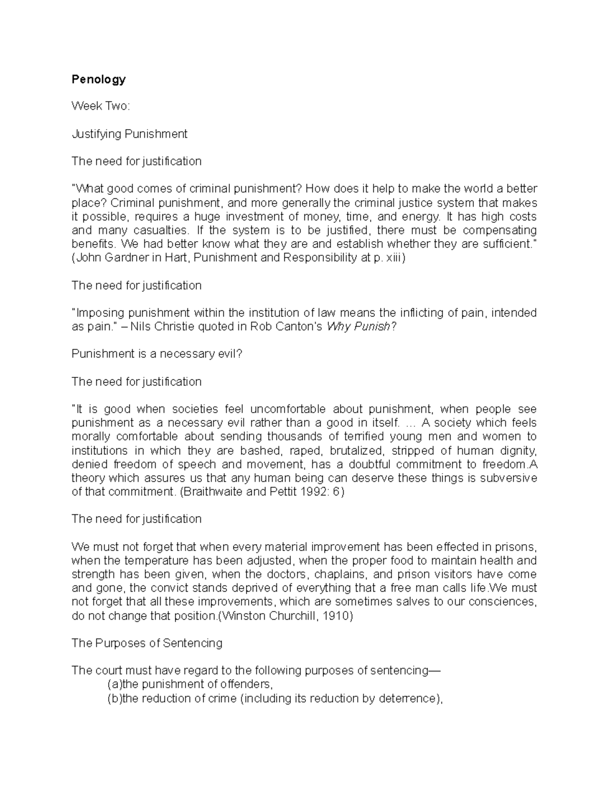 Penology lecture notes - Penology Week Two: Justifying Punishment The ...