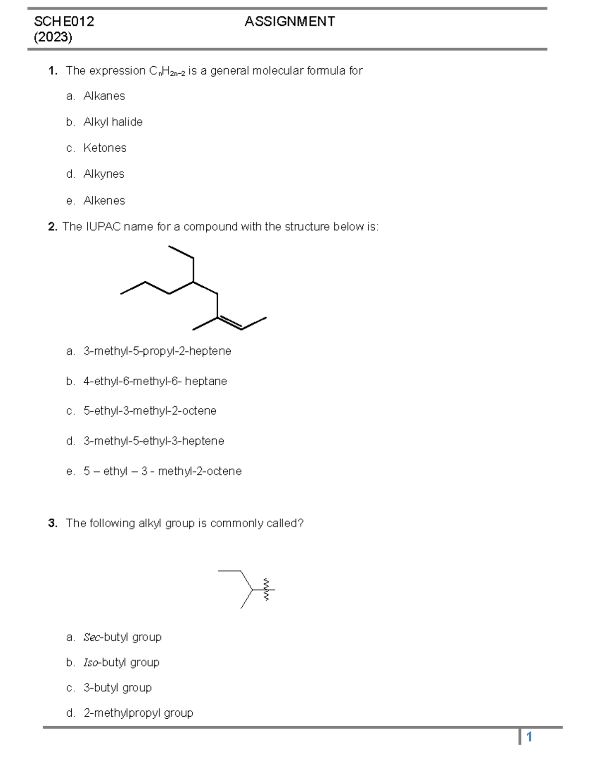 SCHE012 Assignment (2023)- (2023) 1. The expression CnH2n−2 is a ...