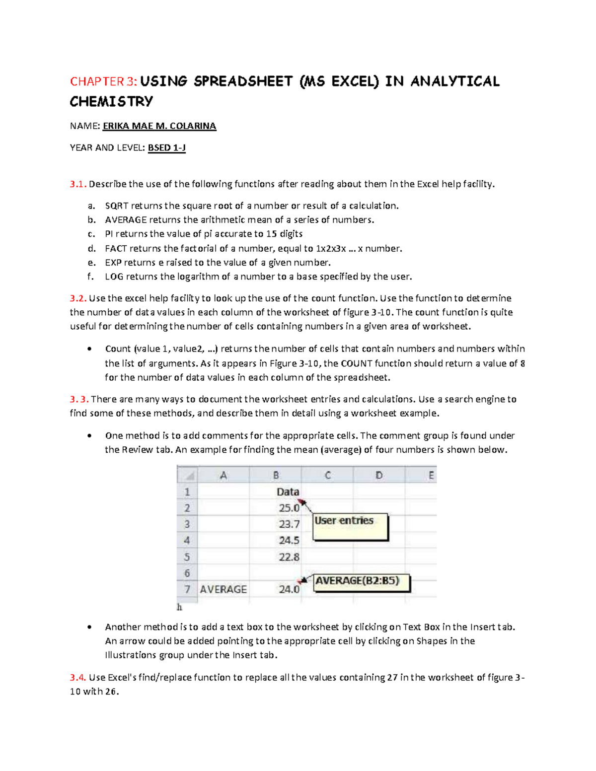 Chapter 3 - dfmn,mdm gdmd - CHAPTER 3: USING SPREADSHEET (MS EXCEL) IN ANALYTICAL CHEMISTRY NAME ...