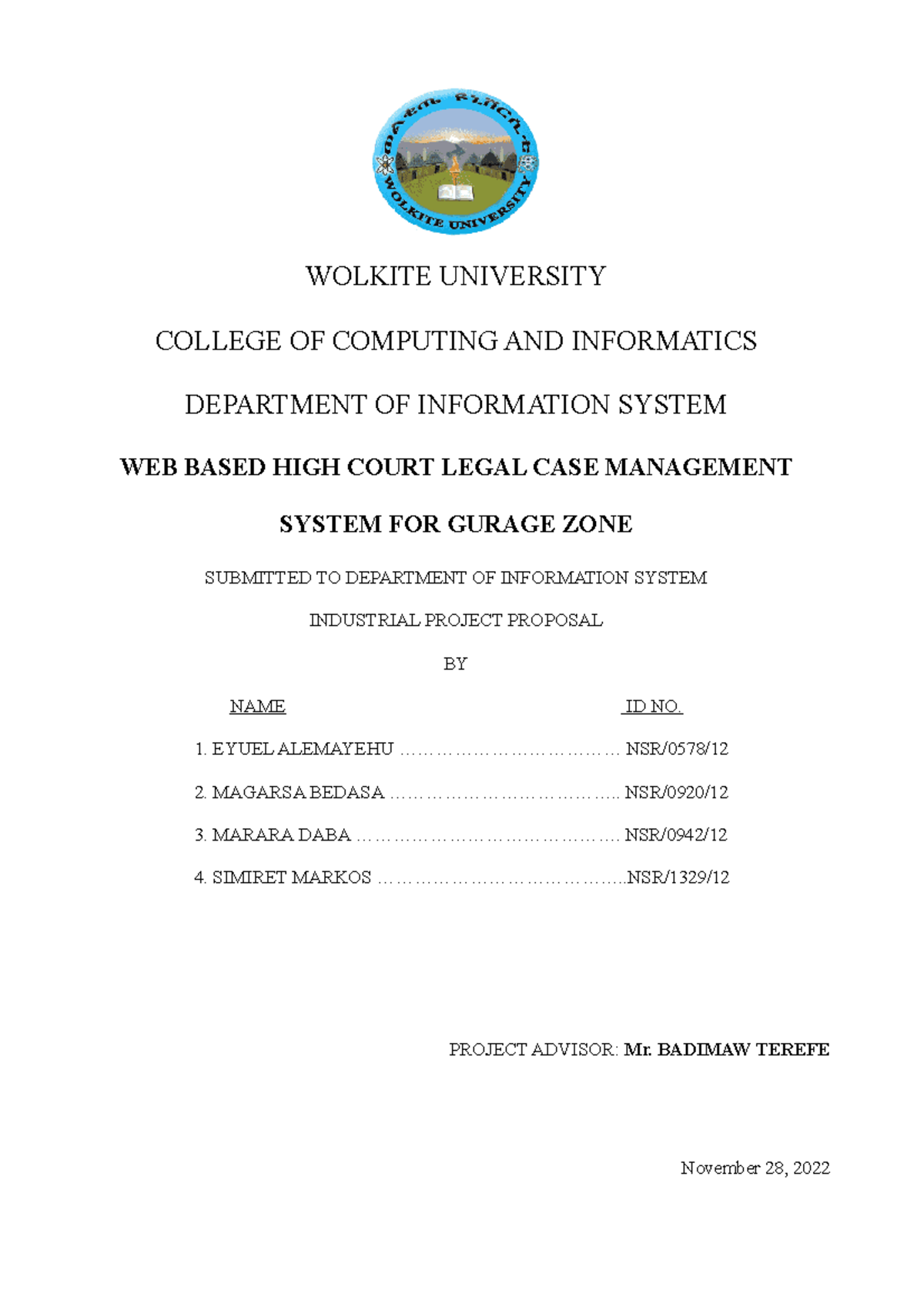 Proposal - JJJJ - WOLKITE UNIVERSITY COLLEGE OF COMPUTING AND INFORMATICS DEPARTMENT OF ...