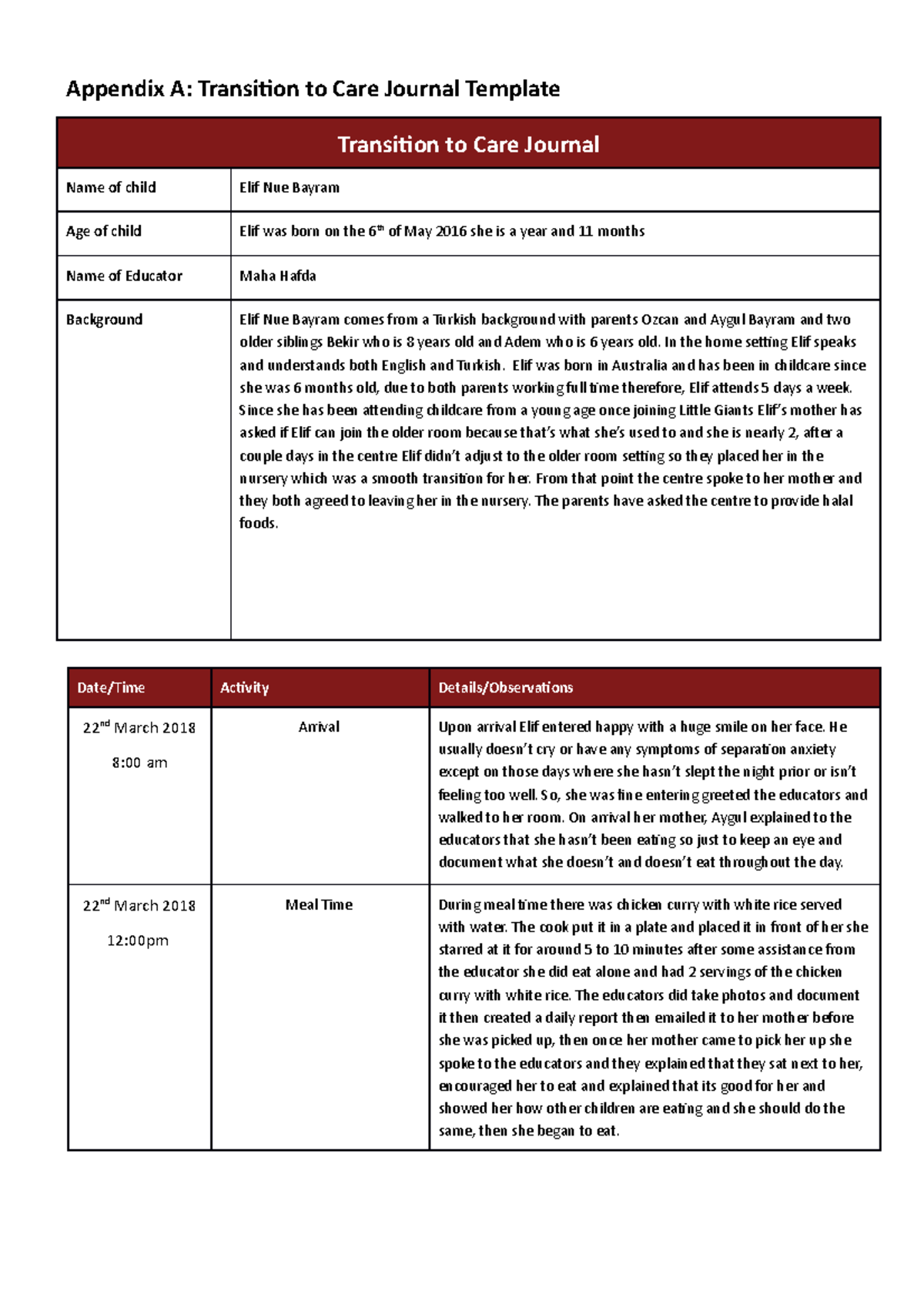 MOD2- Workplace Project - Appendix A: Transition to Care Journal ...