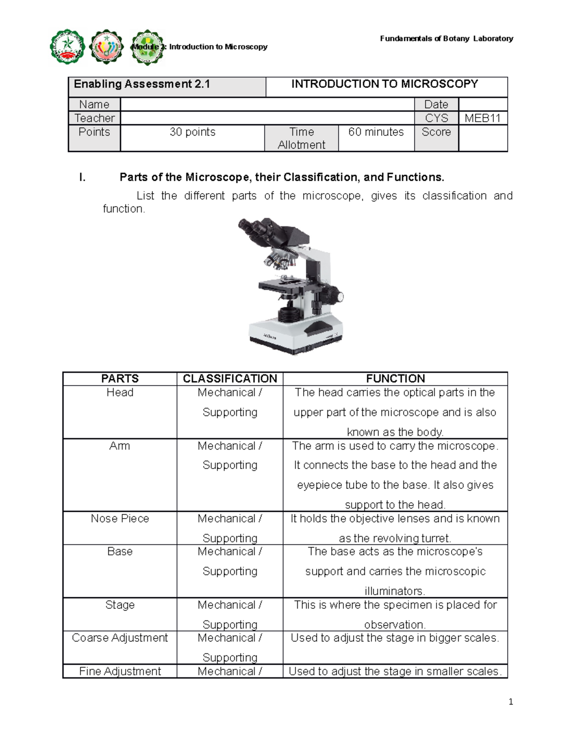 S BIOL111LA Introduction to Microscopy - Module 2: Introduction to ...