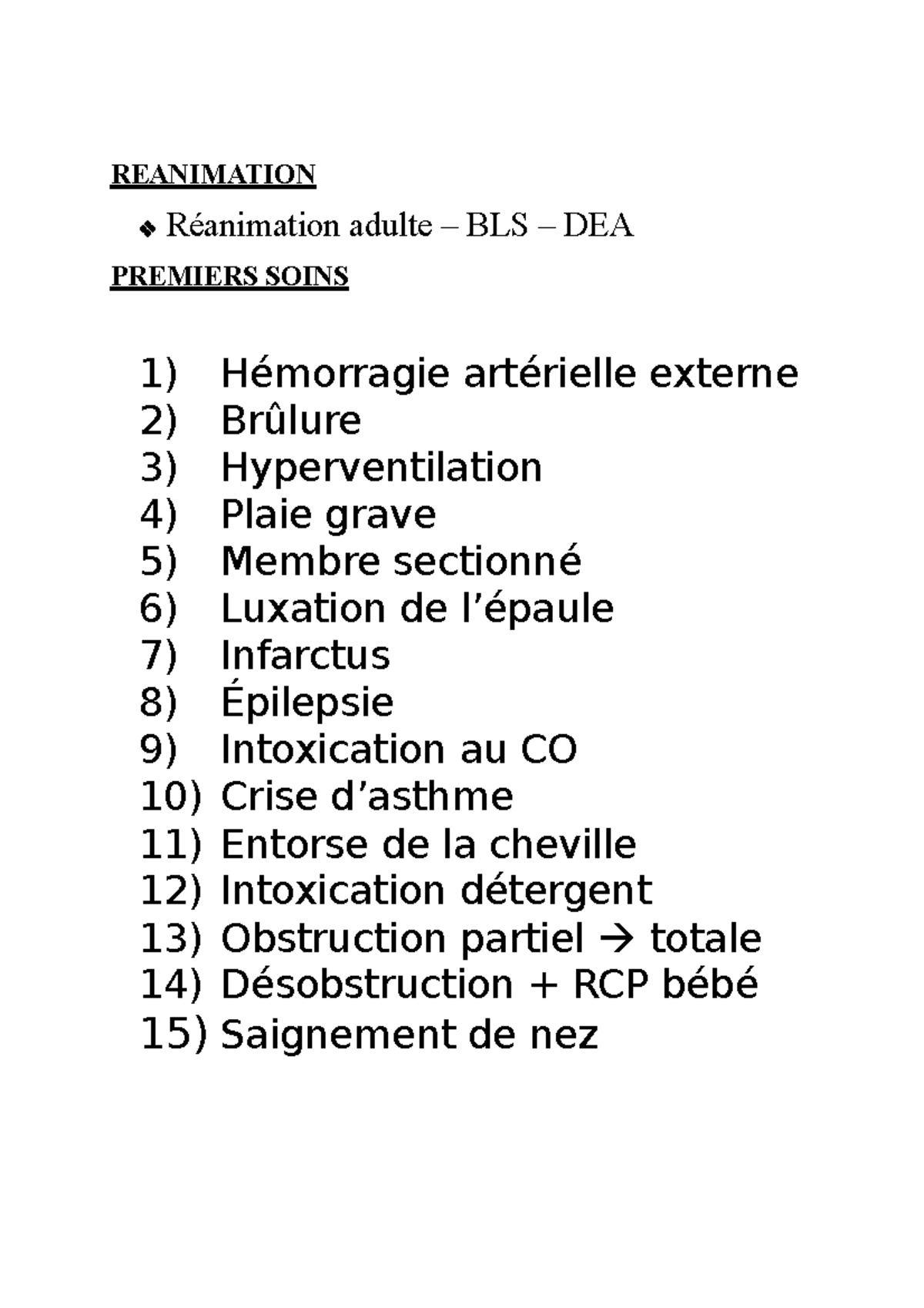 Evaluation secourisme - REANIMATION Réanimation adulte – BLS – DEA ...
