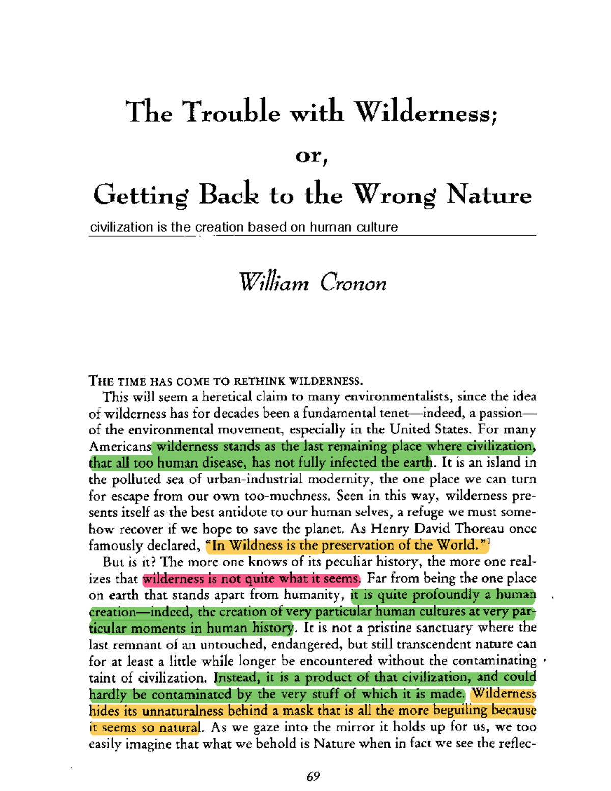 1 Cronon 1995 Trouble With Wilderness - ARC 232 - Studocu