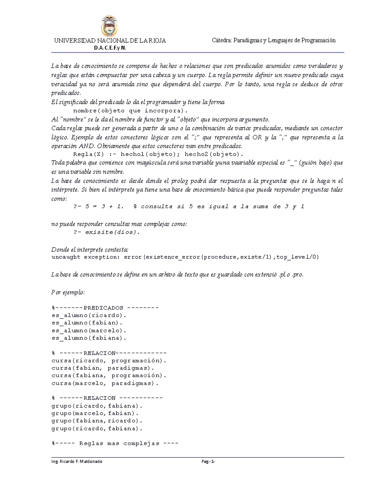 lenguaje Prolog - UNIVERSIDAD NACIONAL DE LA RIOJA D.A.C.E.F N. Cátedra ...