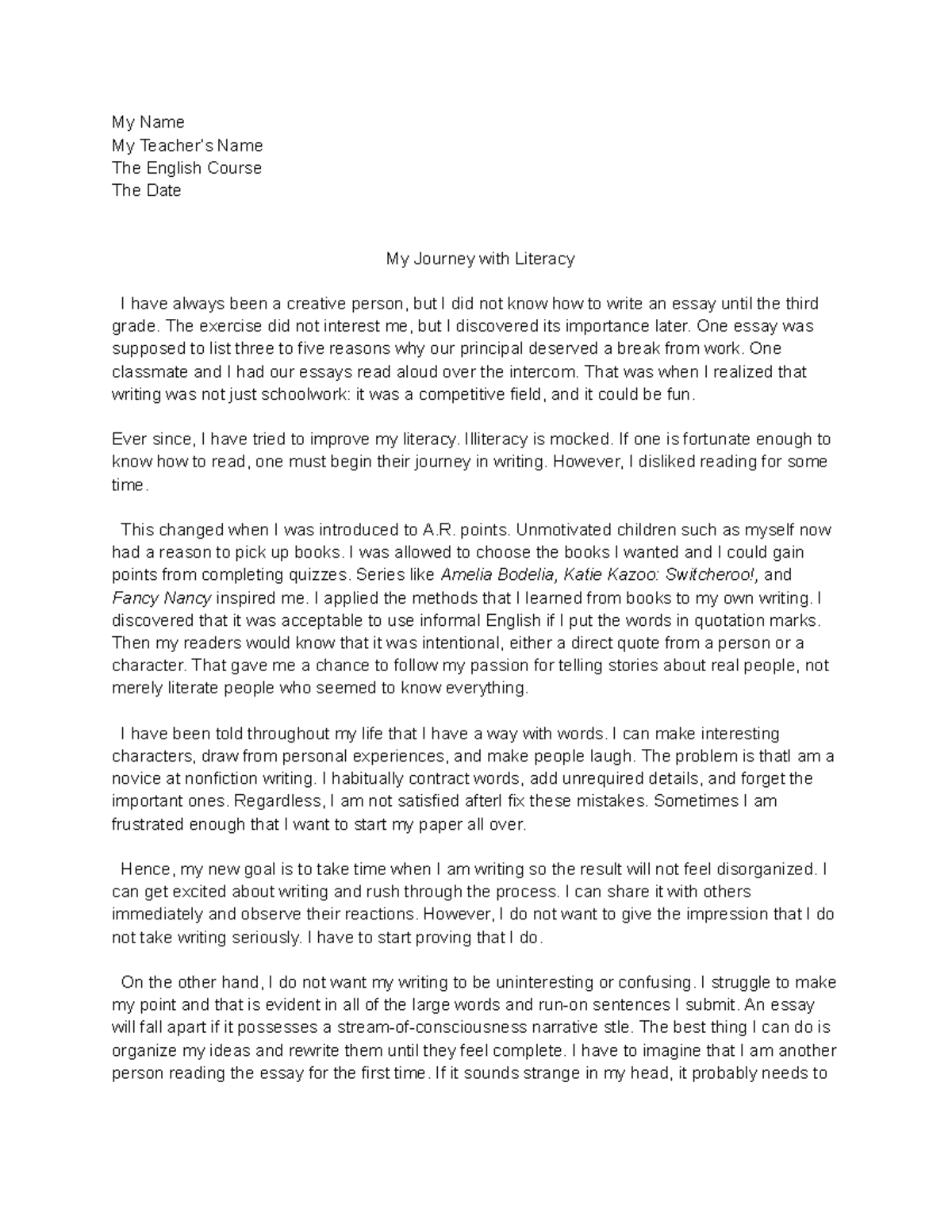 Literacy Narrative - This was one of the first few assignments due in ...