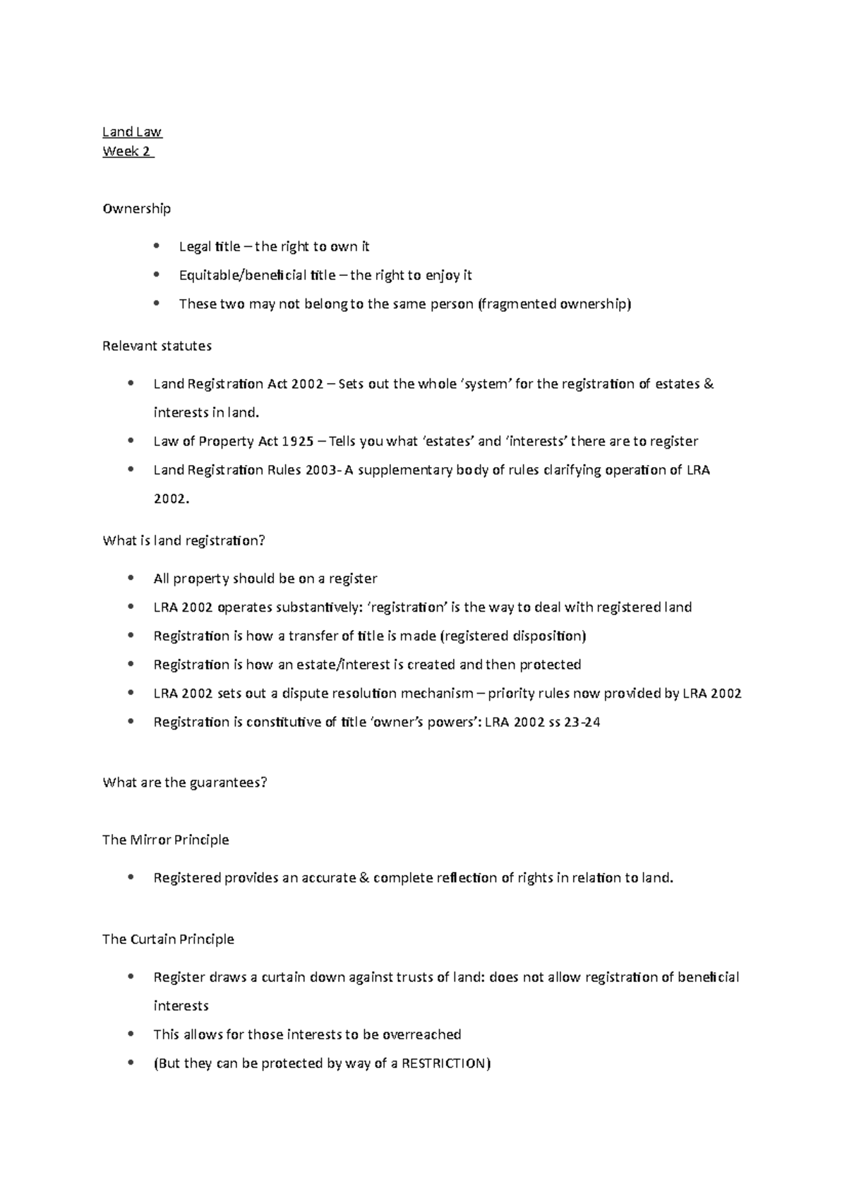 Land law - week 2 - Lecture notes lecture 2 - 233CLS - Coventry - Studocu