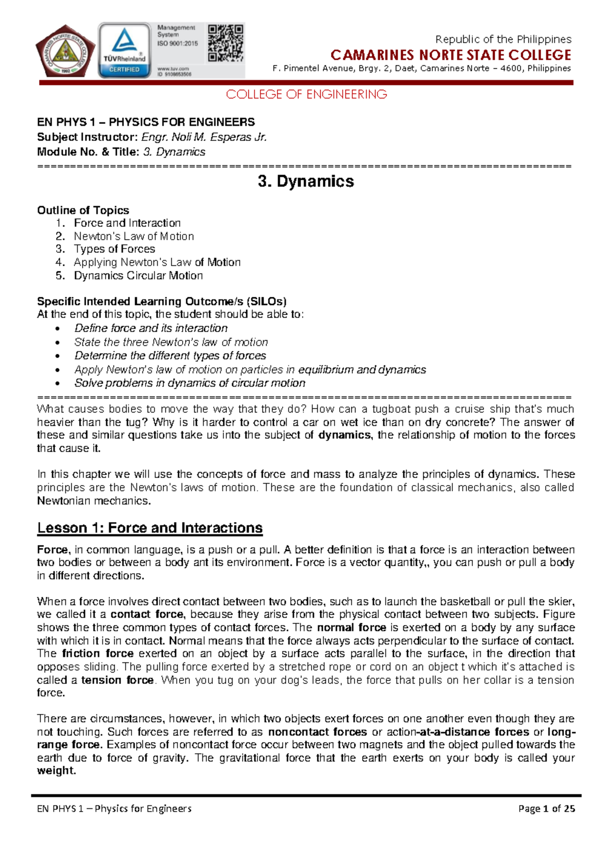 Copy of 03 dynamics - civil - COLLEGE OF ENGINEERING CAMARINES NORTE ...