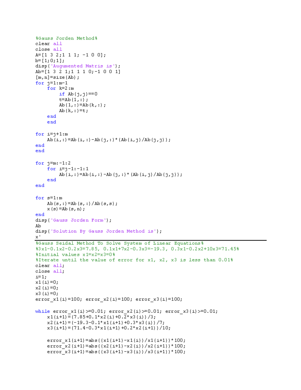 Software Tools Codes - code of matlab - %Gauss Jorden Method% clear all ...
