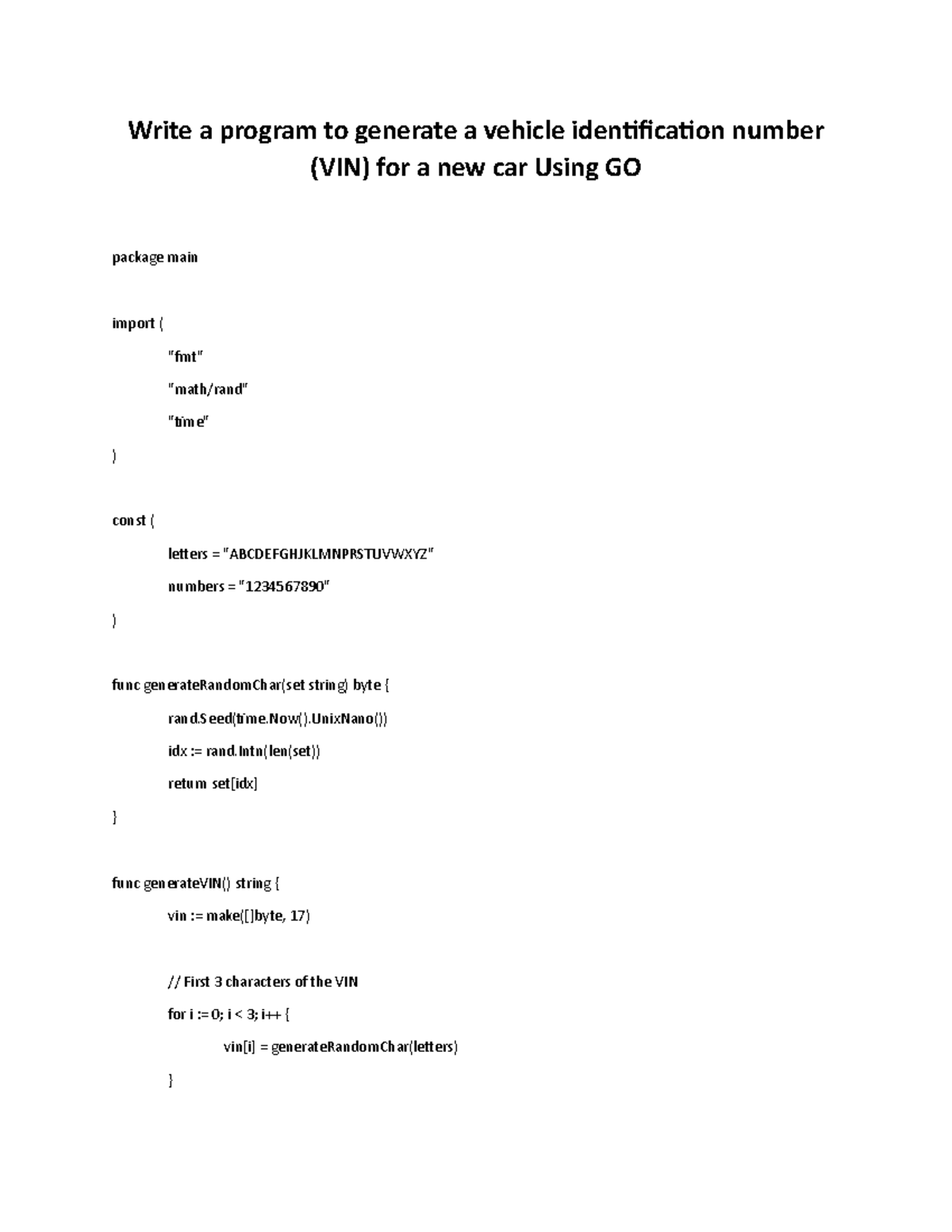 Using Go Write A Program To Generate A Vehicle Identification Number Vin For A New Write A