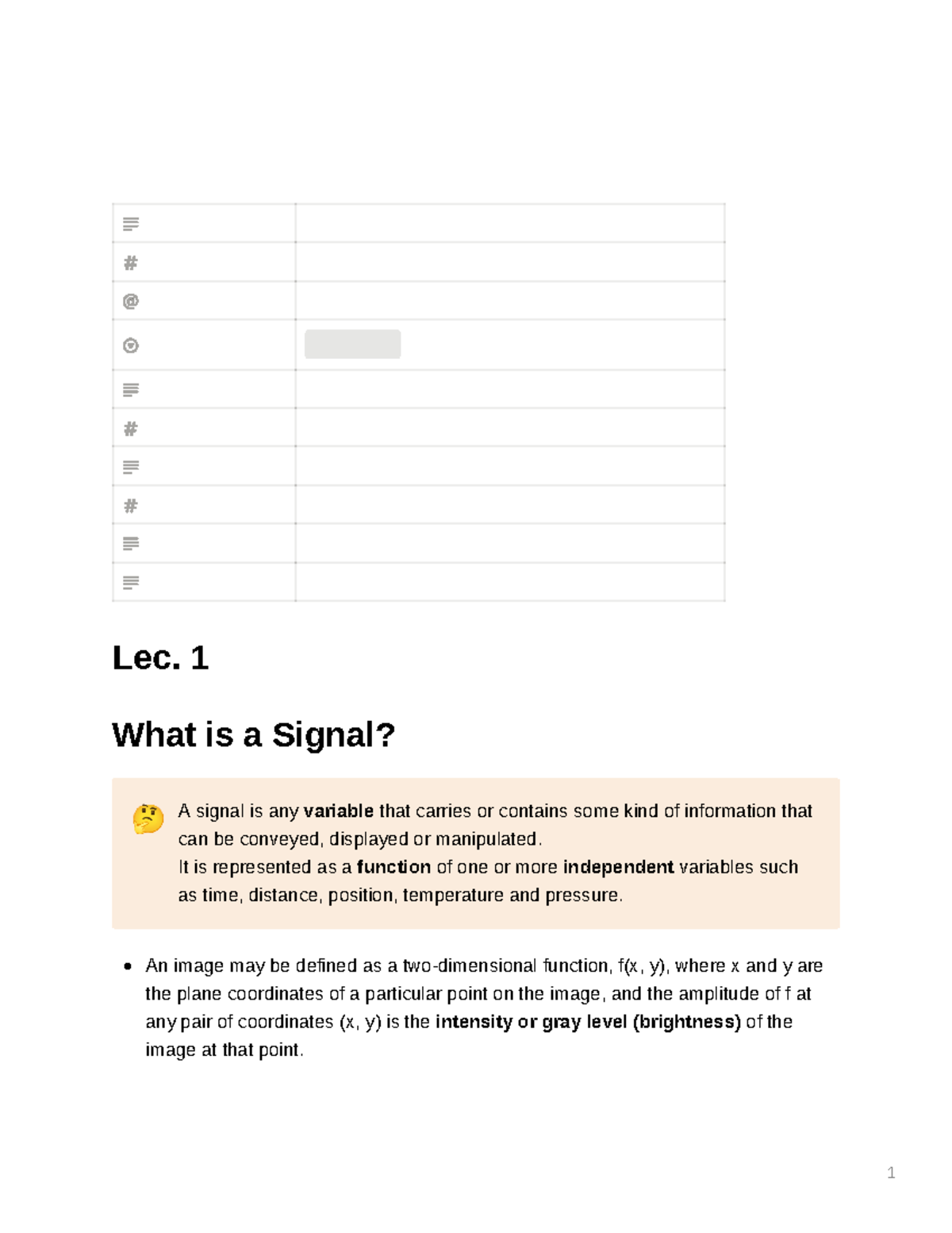 Image Processing Lec 1 Notes 1 Lec 1 What Is A Signal D A Signal