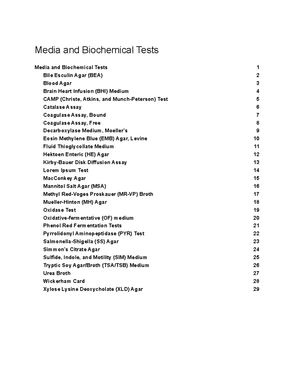 Pathogenic Microbiology Media and Biochemical Tests Summary - Media and ...