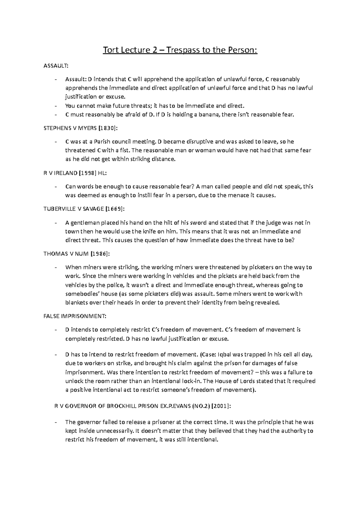 TLL 2 - Trespass to the Person - Tort Lecture 2 – Trespass to the Person: ASSAULT: Assault: D ...