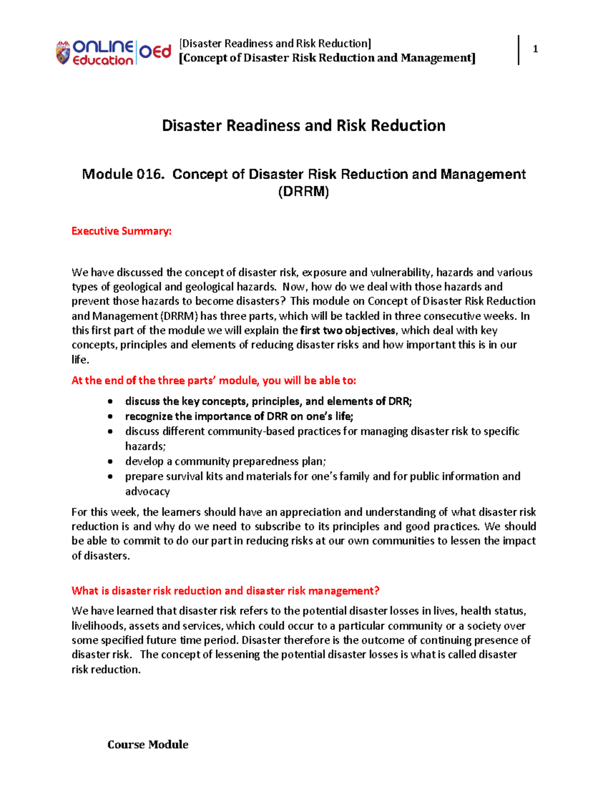 Week 016-Module Concept of Disaster Risk Reduction and Management (DRRM ...