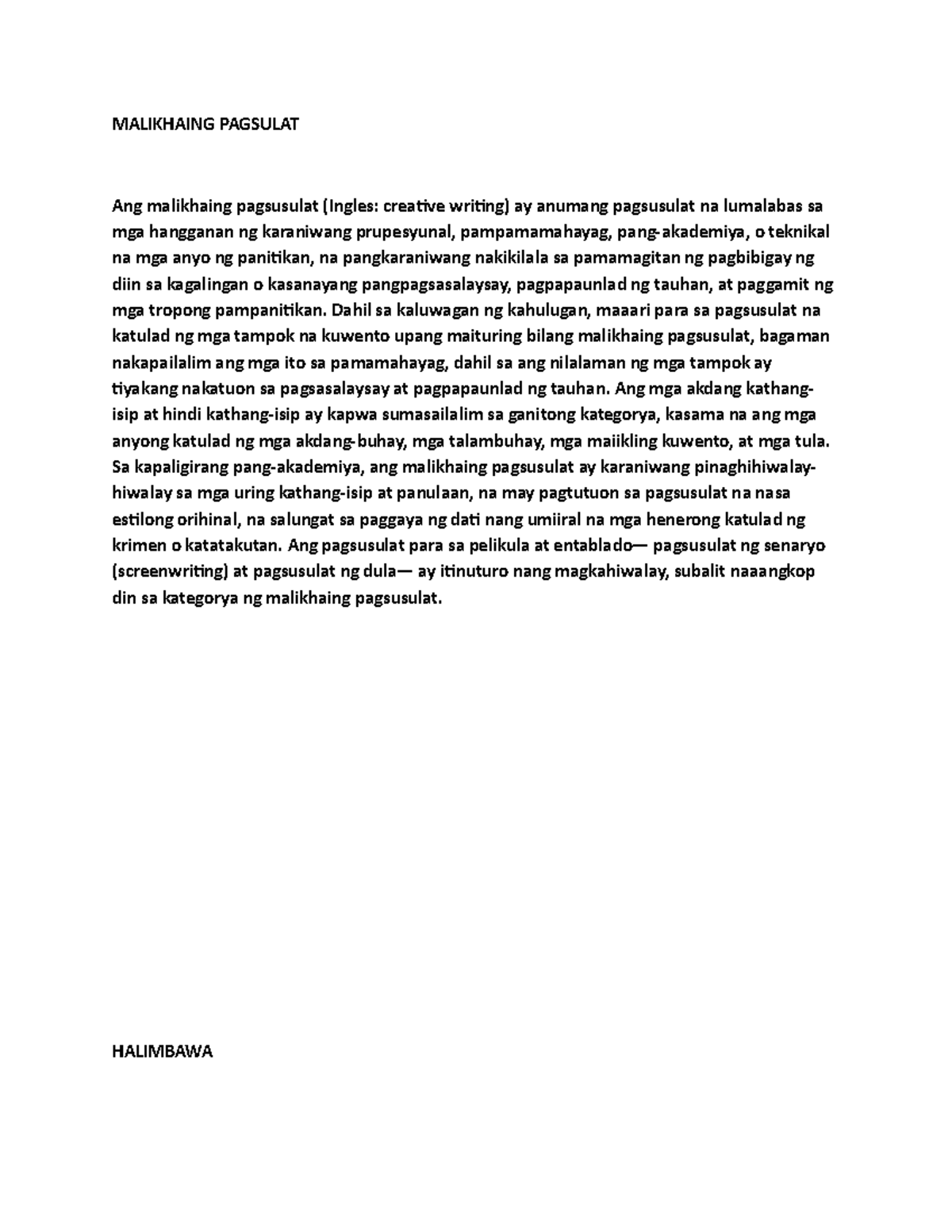 MGA URI NG Pagsusulat - I would like to help - MALIKHAING PAGSULAT Ang ...