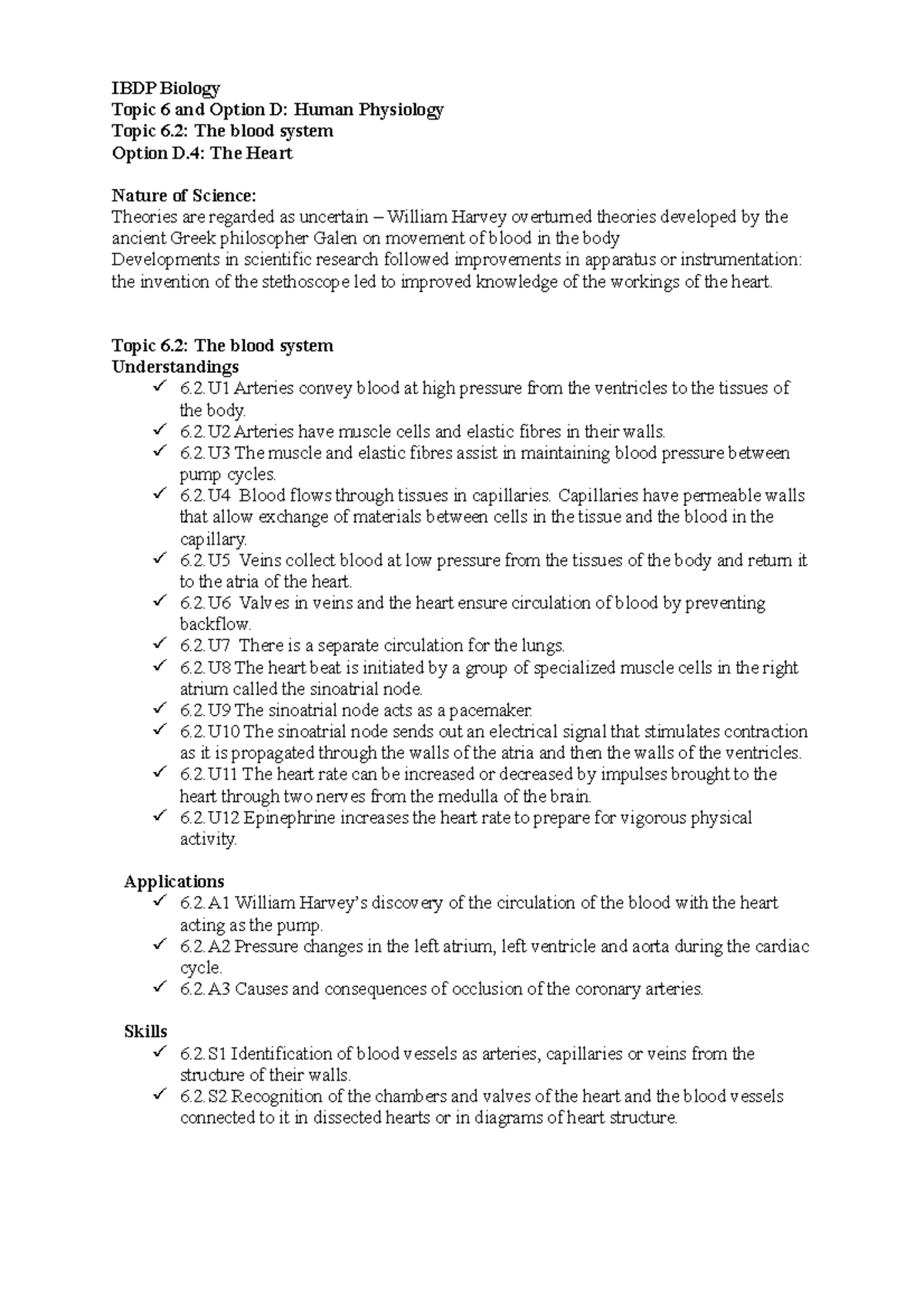 IBDP Biology Topic 6.2: The Blood System and Option D.4: The Heart ...