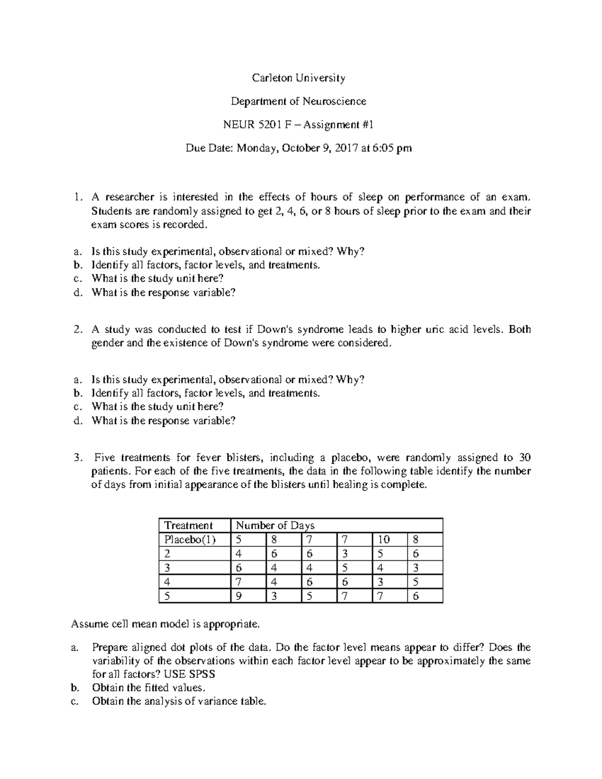 Assignment 1 - Neuroscience statistics - Carleton University Department ...