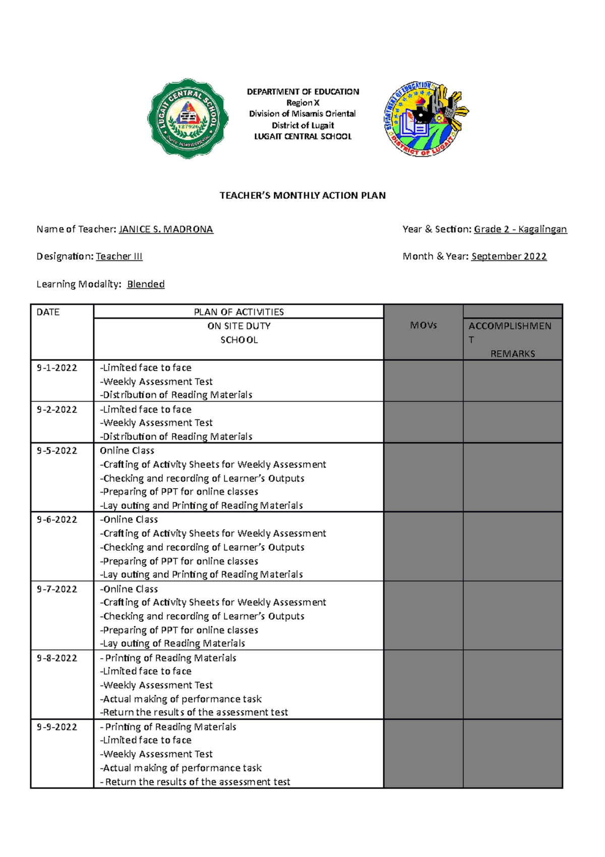 Teachers Action PLAN 1 - for fererence - DEPARTMENT OF EDUCATION Region ...